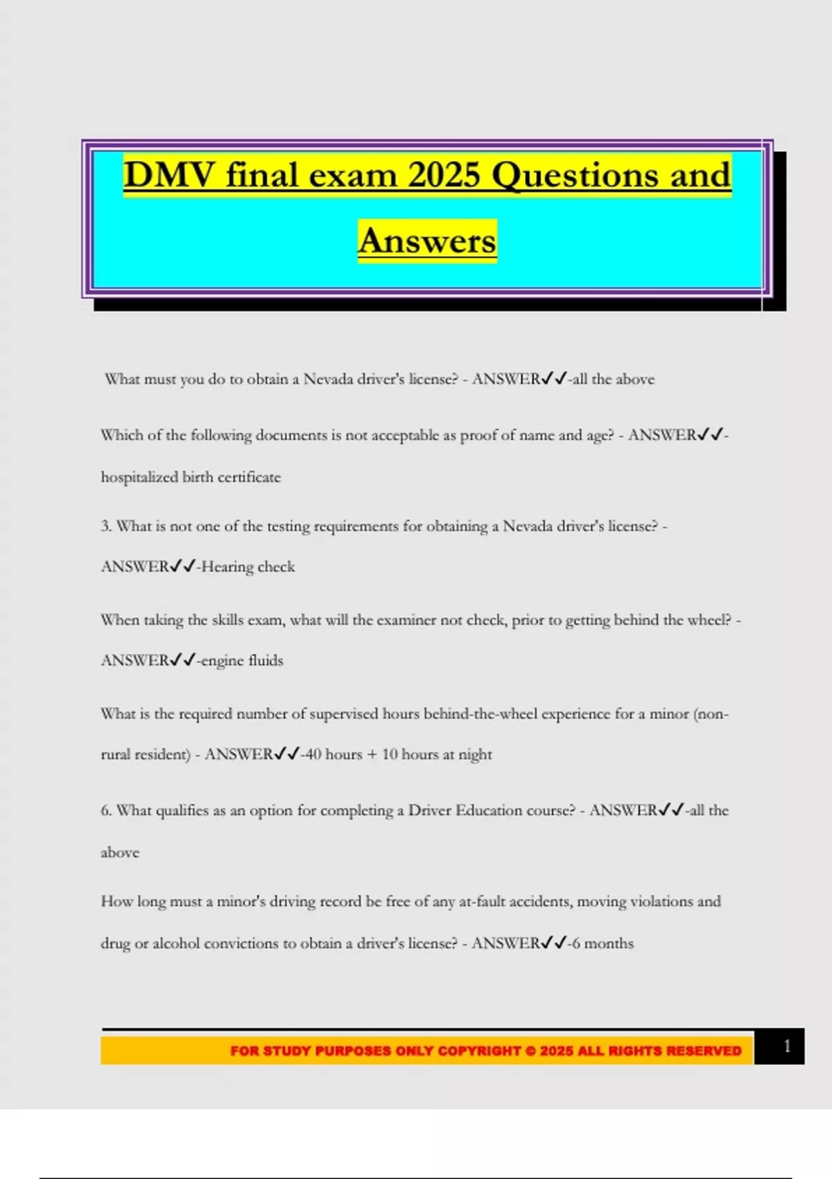 DMV final exam 2025 Questions and Answers - Dmv - Stuvia US