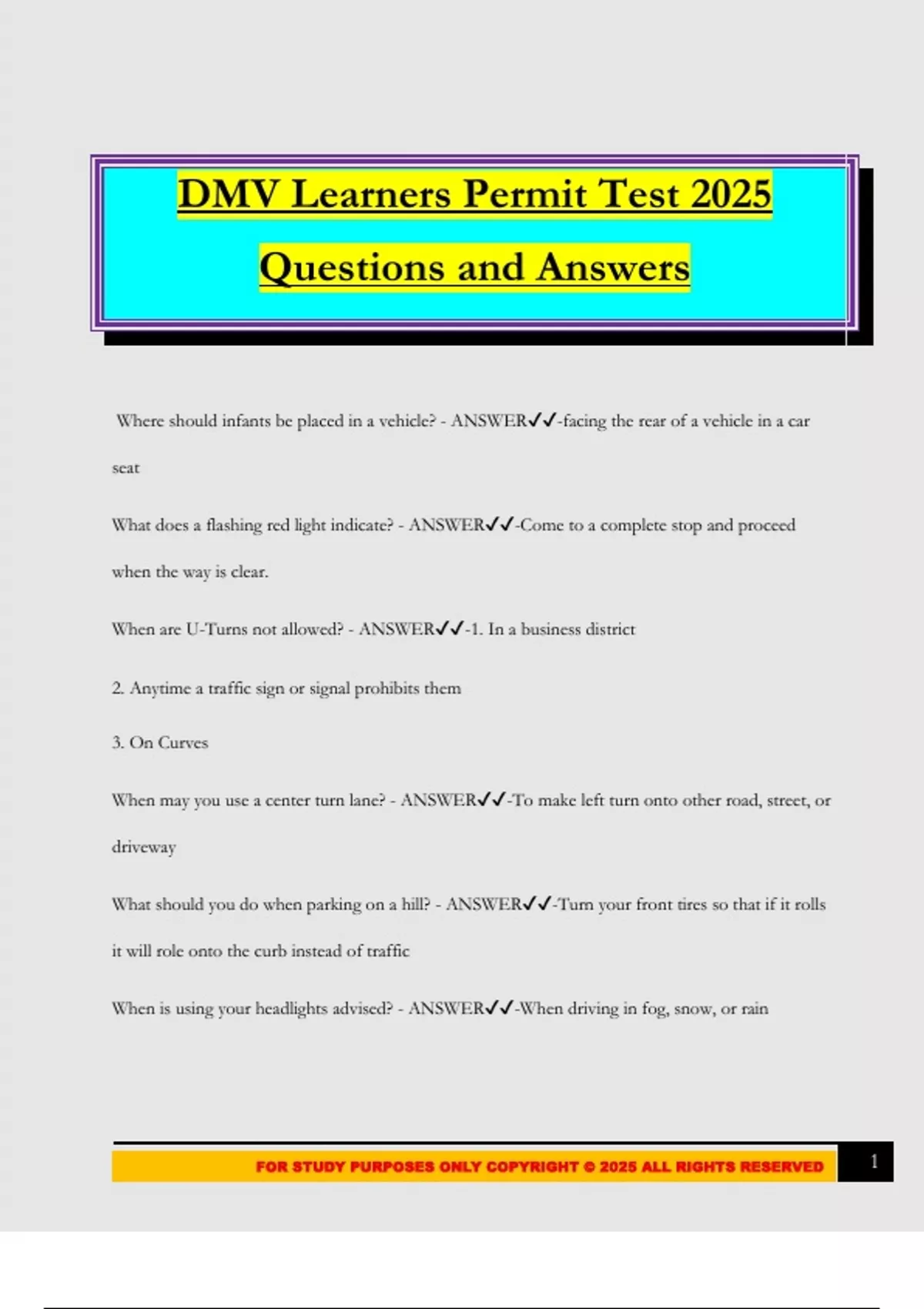 DMV Learners Permit Test 2025 Questions and Answers - Dmv - Stuvia US