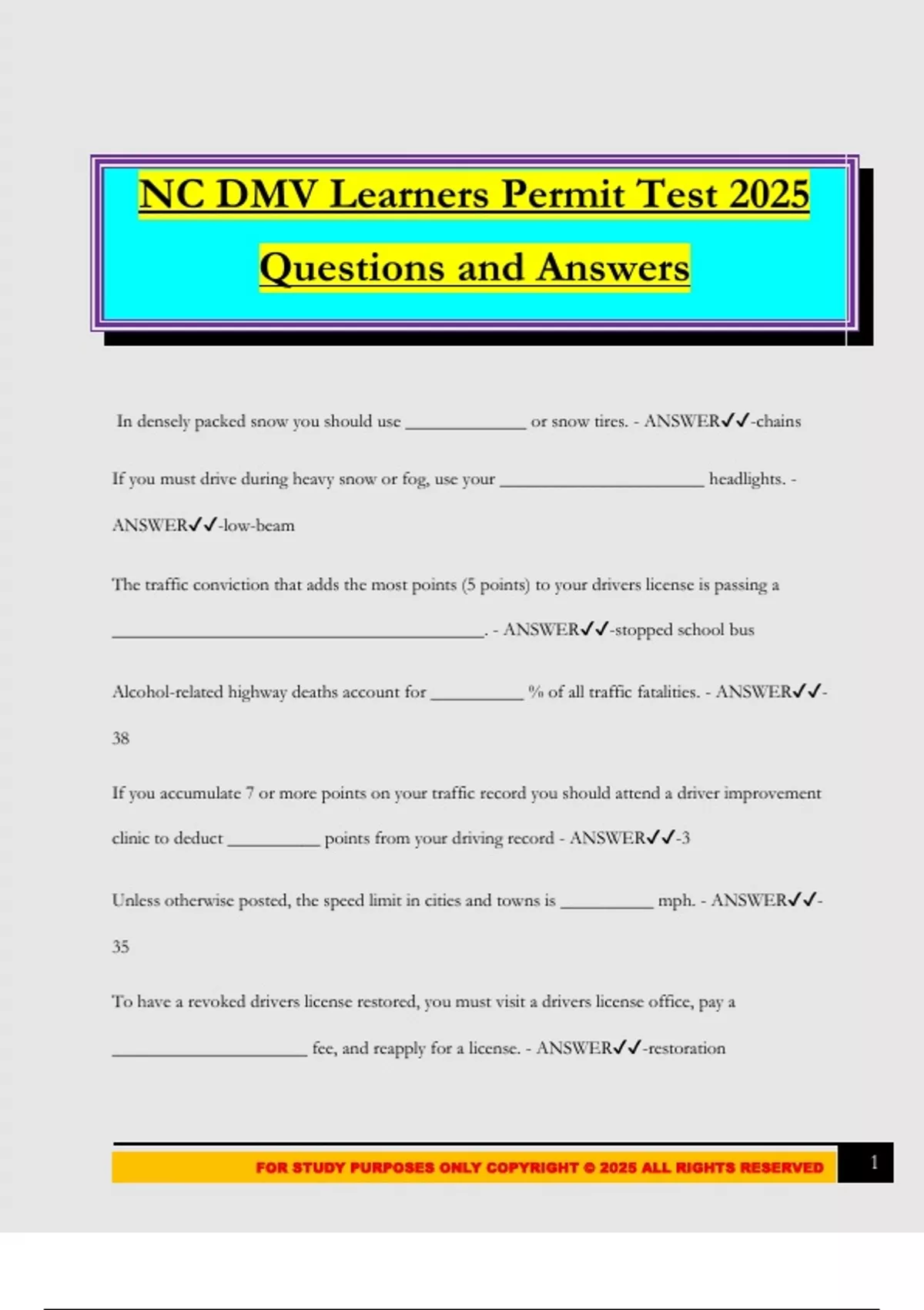 NC DMV Learners Permit Test 2025 Questions and Answers - Dmv - Stuvia US