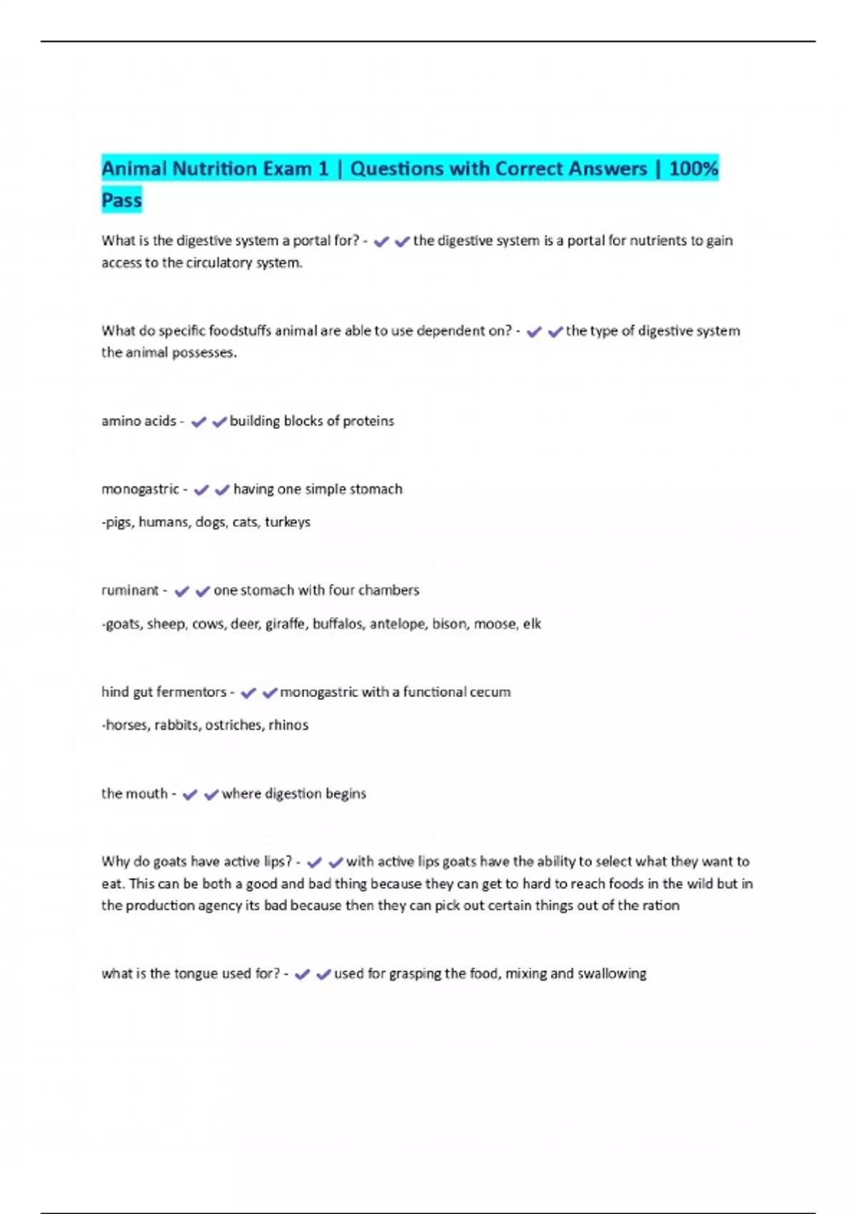 Animal Nutrition Exam 1 | Questions with Correct Answers | 100% Pass ...