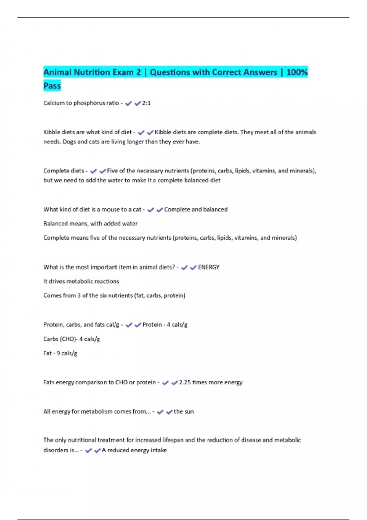 Animal Nutrition Exam 2 | Questions with Correct Answers | 100% Pass ...