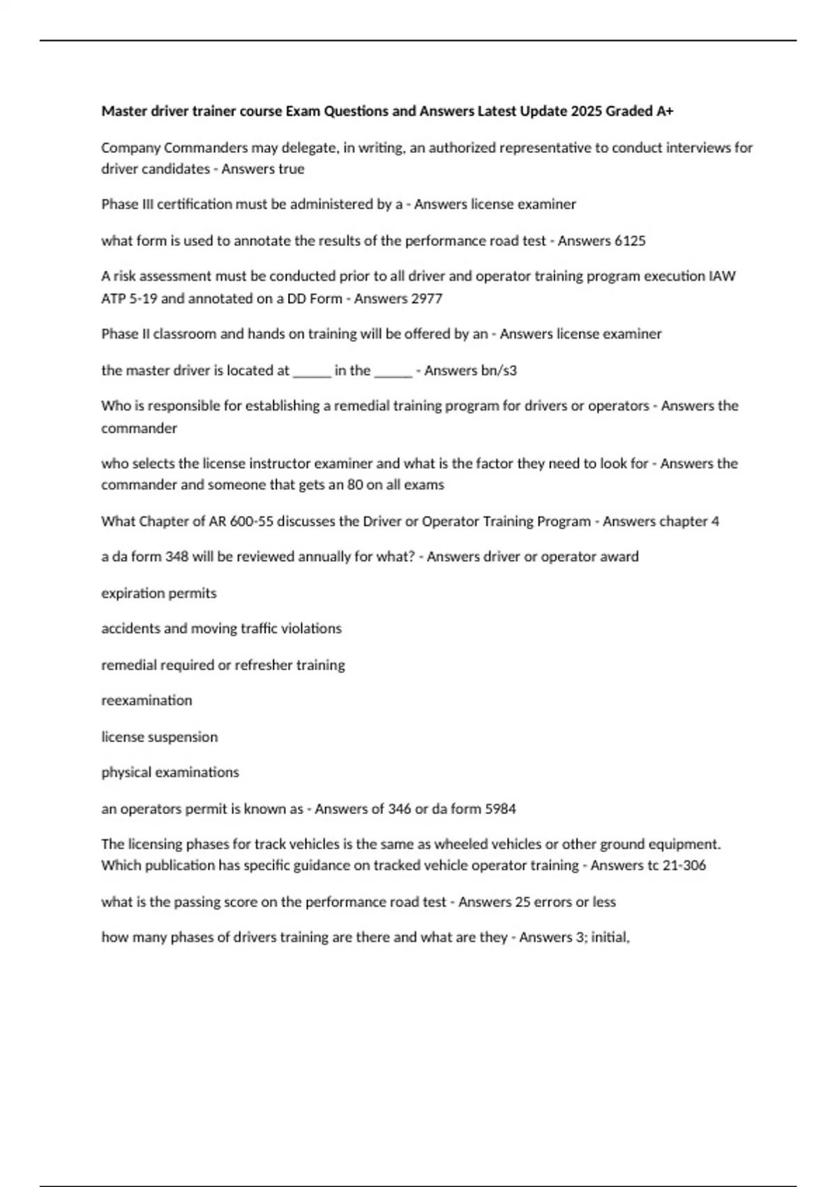 Master driver trainer course Exam Questions and Answers Latest Update ...