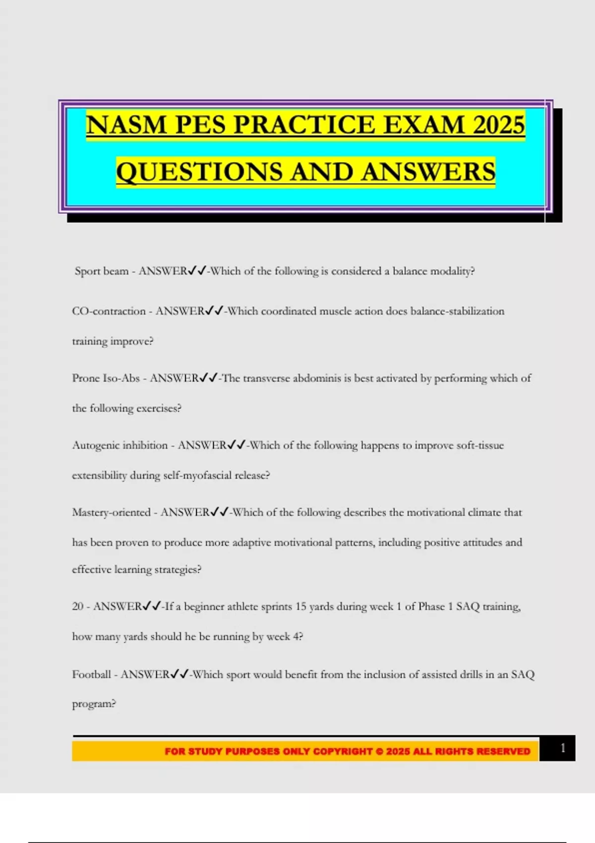 NASM PES PRACTICE EXAM 2025 QUESTIONS AND ANSWERS - Nasm - Stuvia US