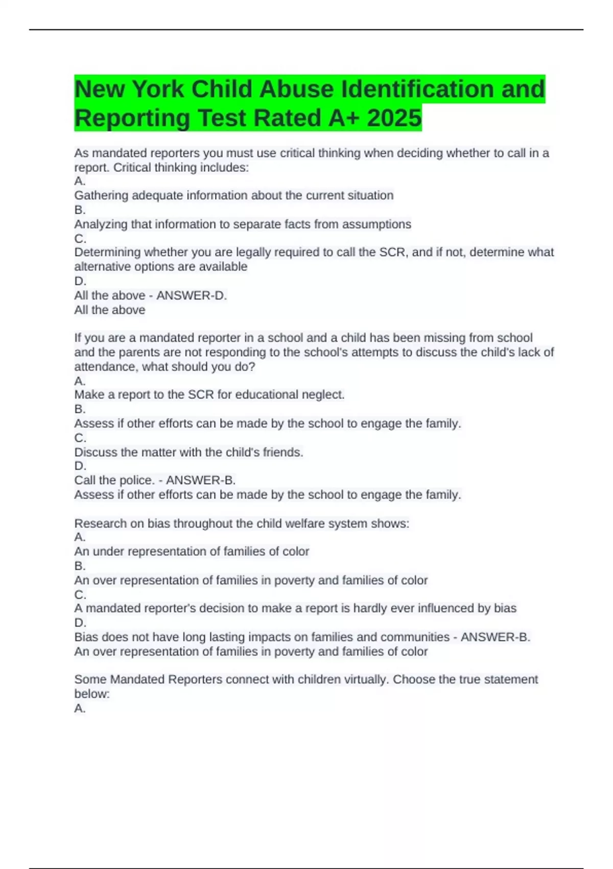 New York Child Abuse Identification and Reporting Test Rated A+ 2025 ...