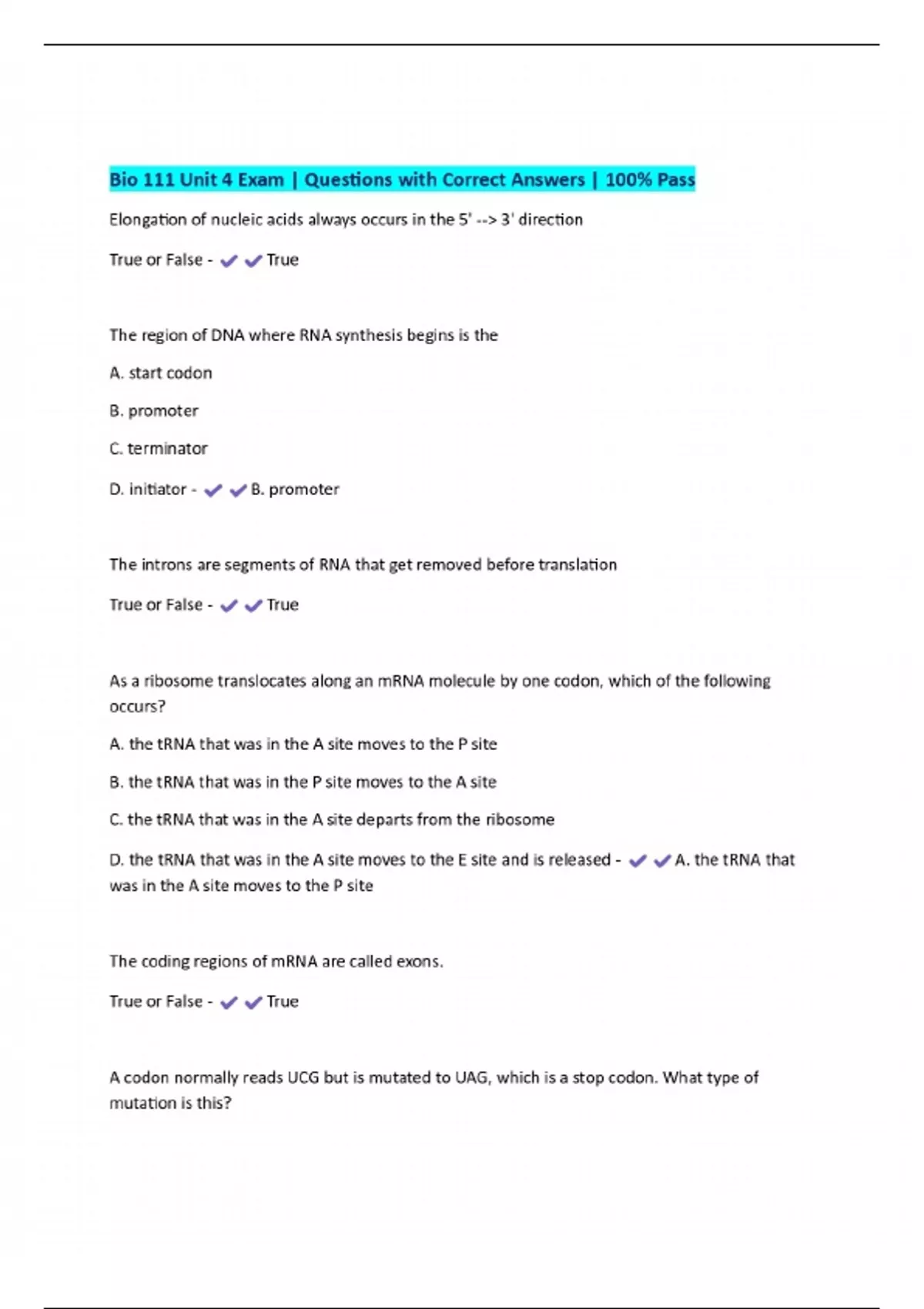 Bio 111 Unit 4 Exam | Questions with Correct Answers | 100% Pass - Bio ...
