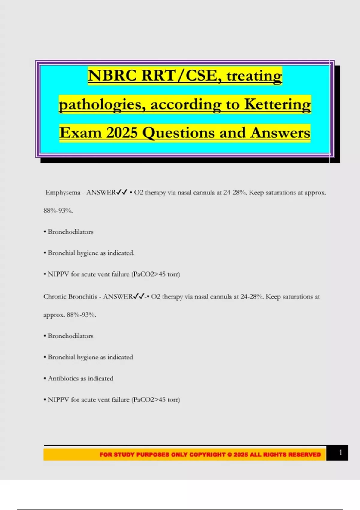 NBRC RRT/CSE, treating pathologies, according to Kettering Exam 2025 ...