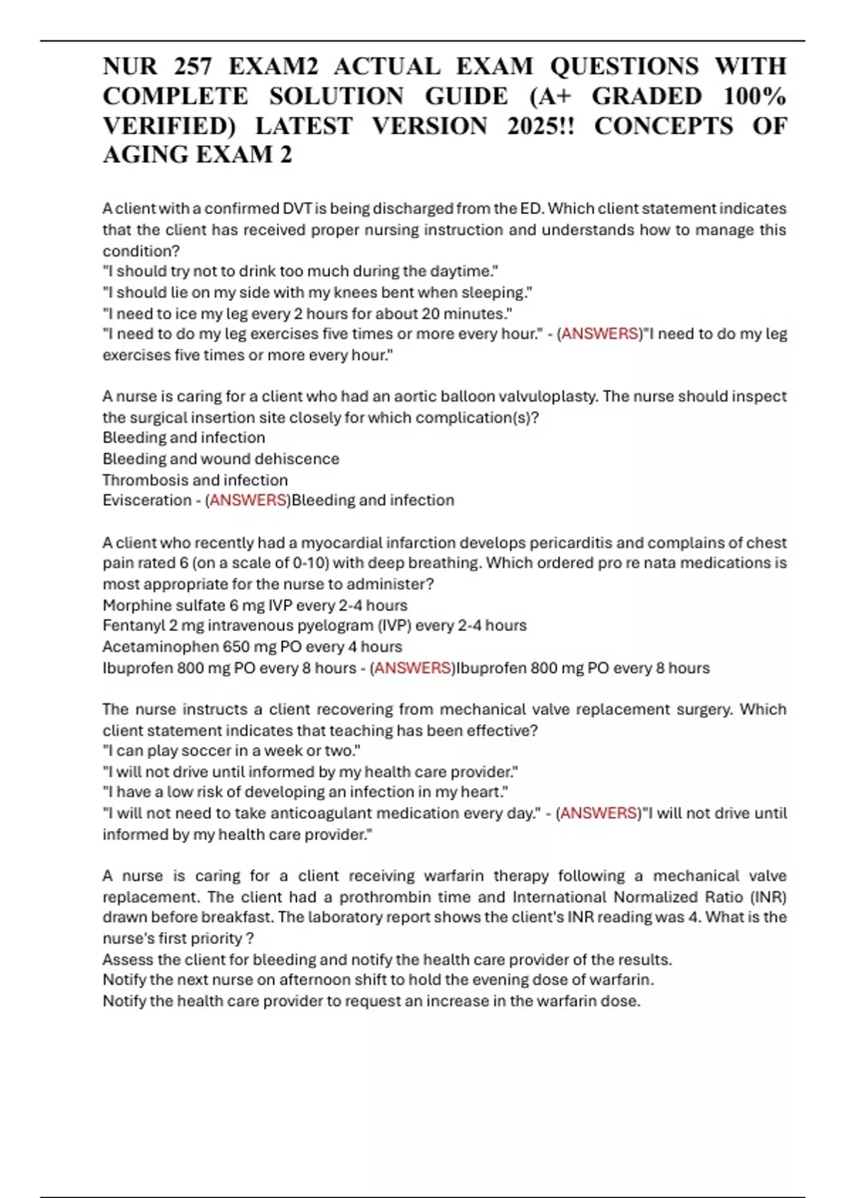 NUR 257 EXAM2 ACTUAL EXAM QUESTIONS WITH COMPLETE SOLUTION GUIDE (A+ GRADED 100% VERIFIED ...