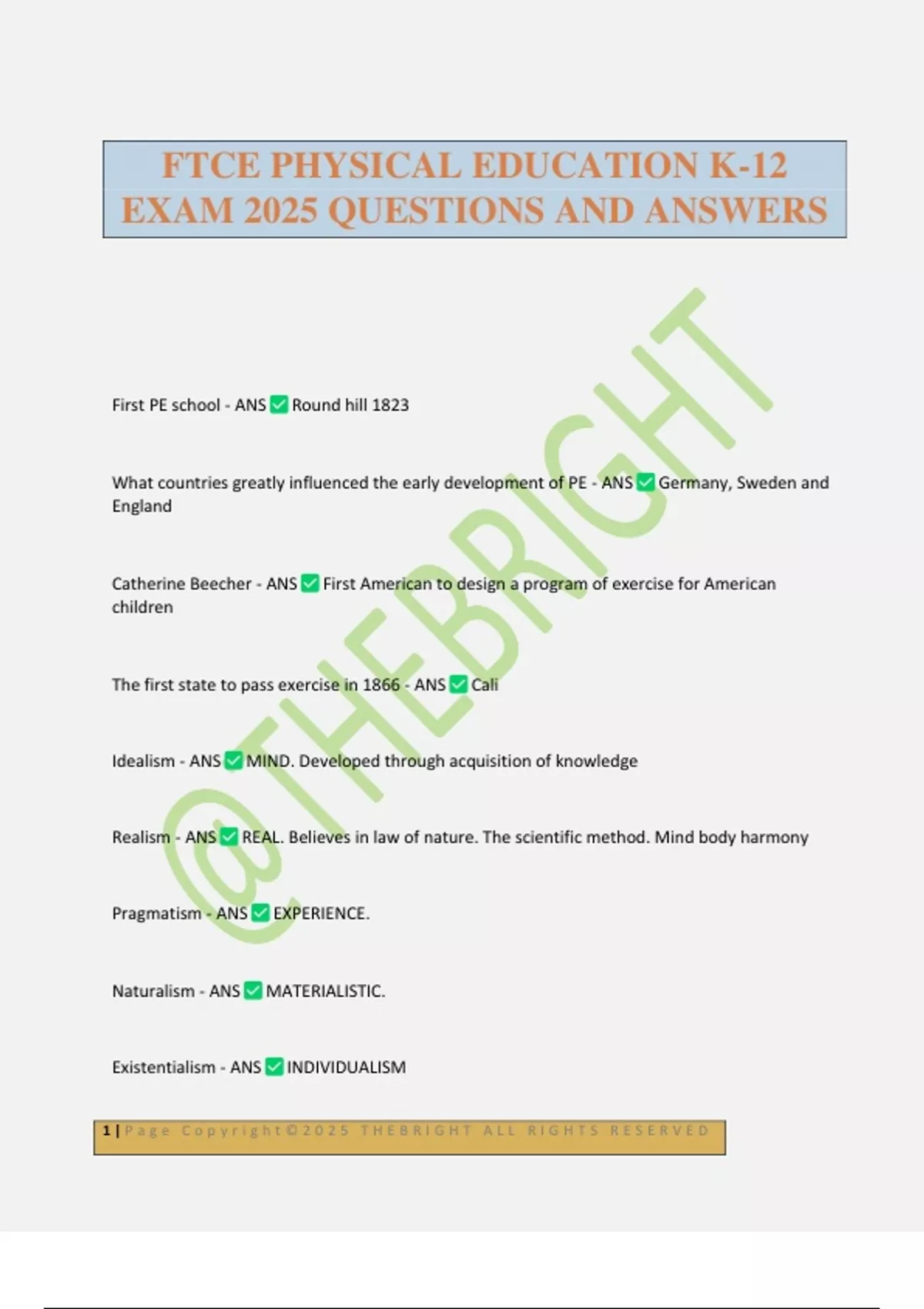 FTCE PHYSICAL EDUCATION K-12 EXAM 2025 QUESTIONS AND ANSWERS - FTCE ...