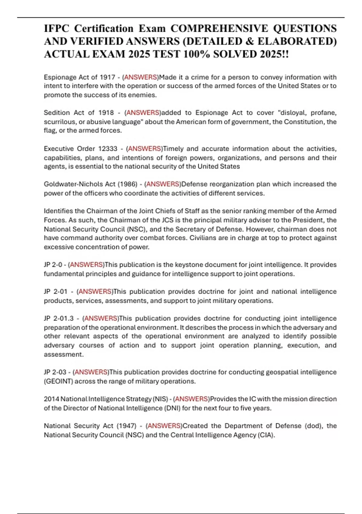 IFPC Certifcation Exam COMPREHENSIVE QUESTIONS AND VERIFIED ANSWERS ...