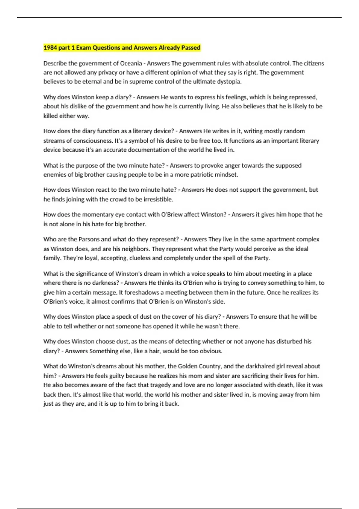 1984 part 1 Exam Questions and Answers Already Passed - 1984 - Stuvia US