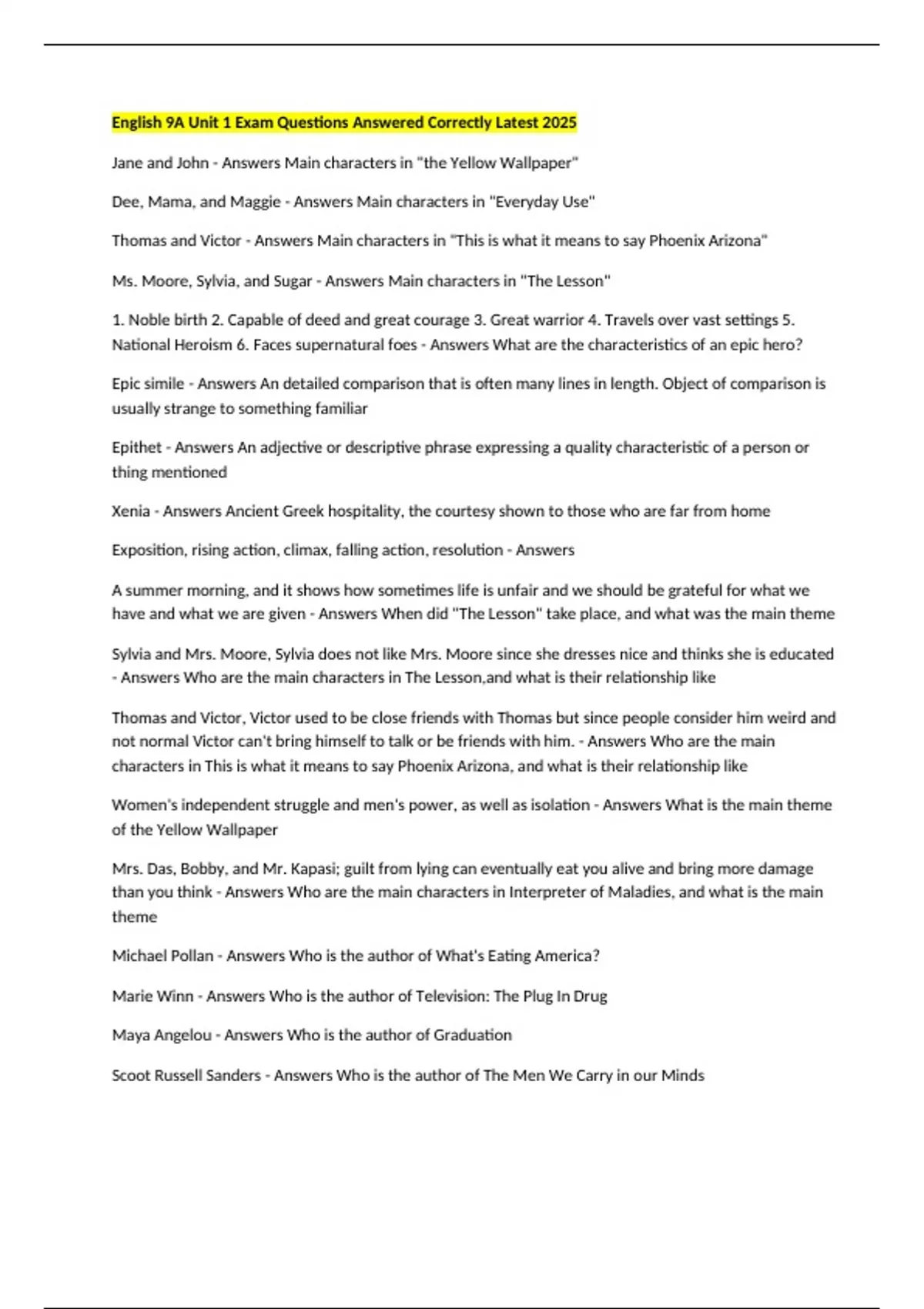 English 9A Unit 1 Exam Questions Answered Correctly Latest 2025 ...