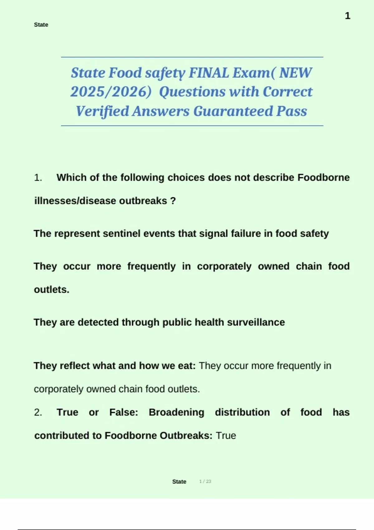 State Food safety FINAL, REVIEW & STUDY GUIDE Exams ( NEW 2025/2026 ...