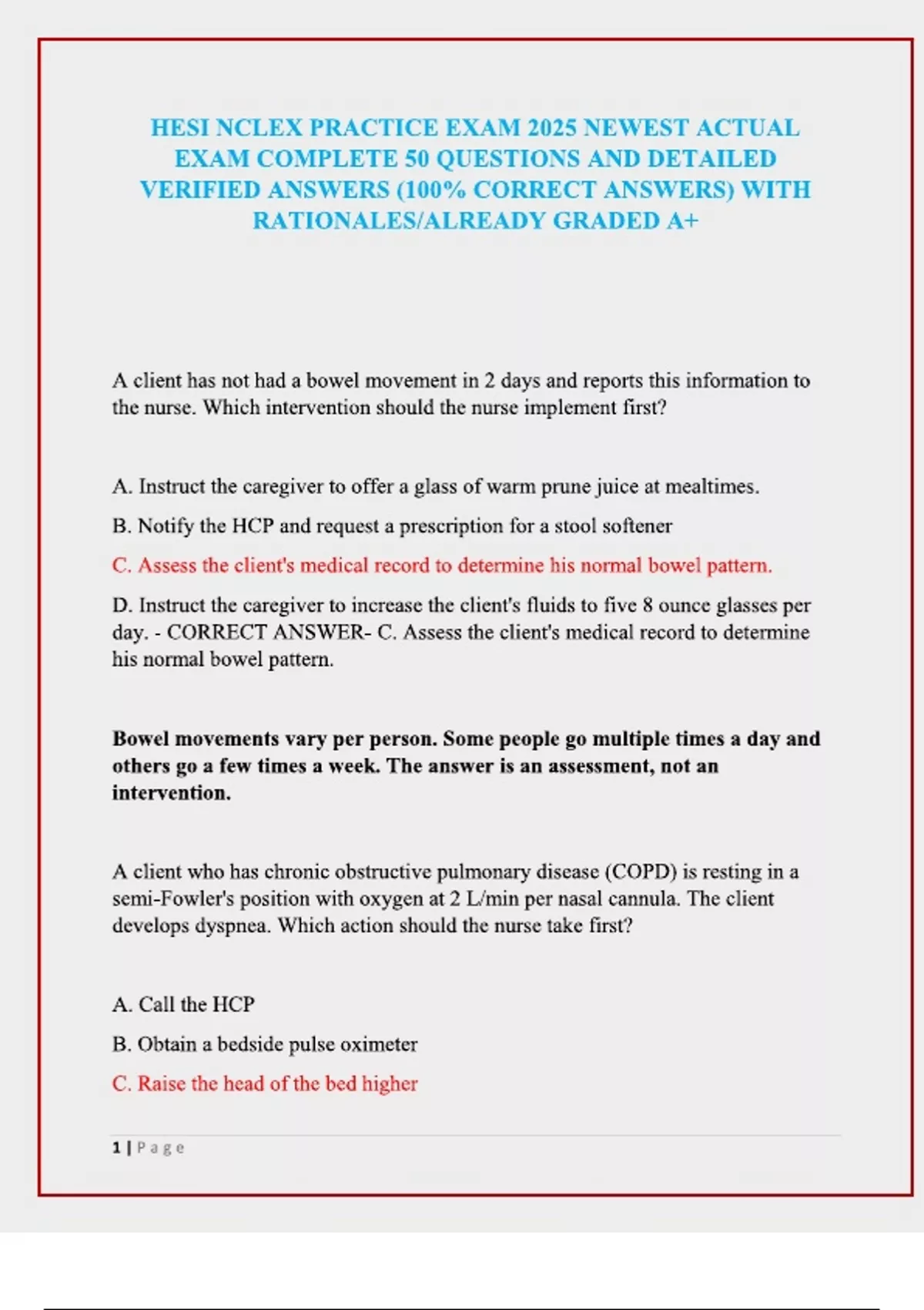 HESI NCLEX PRACTICE EXAM 2025 NEWEST ACTUAL EXAM COMPLETE 50 QUESTIONS ...
