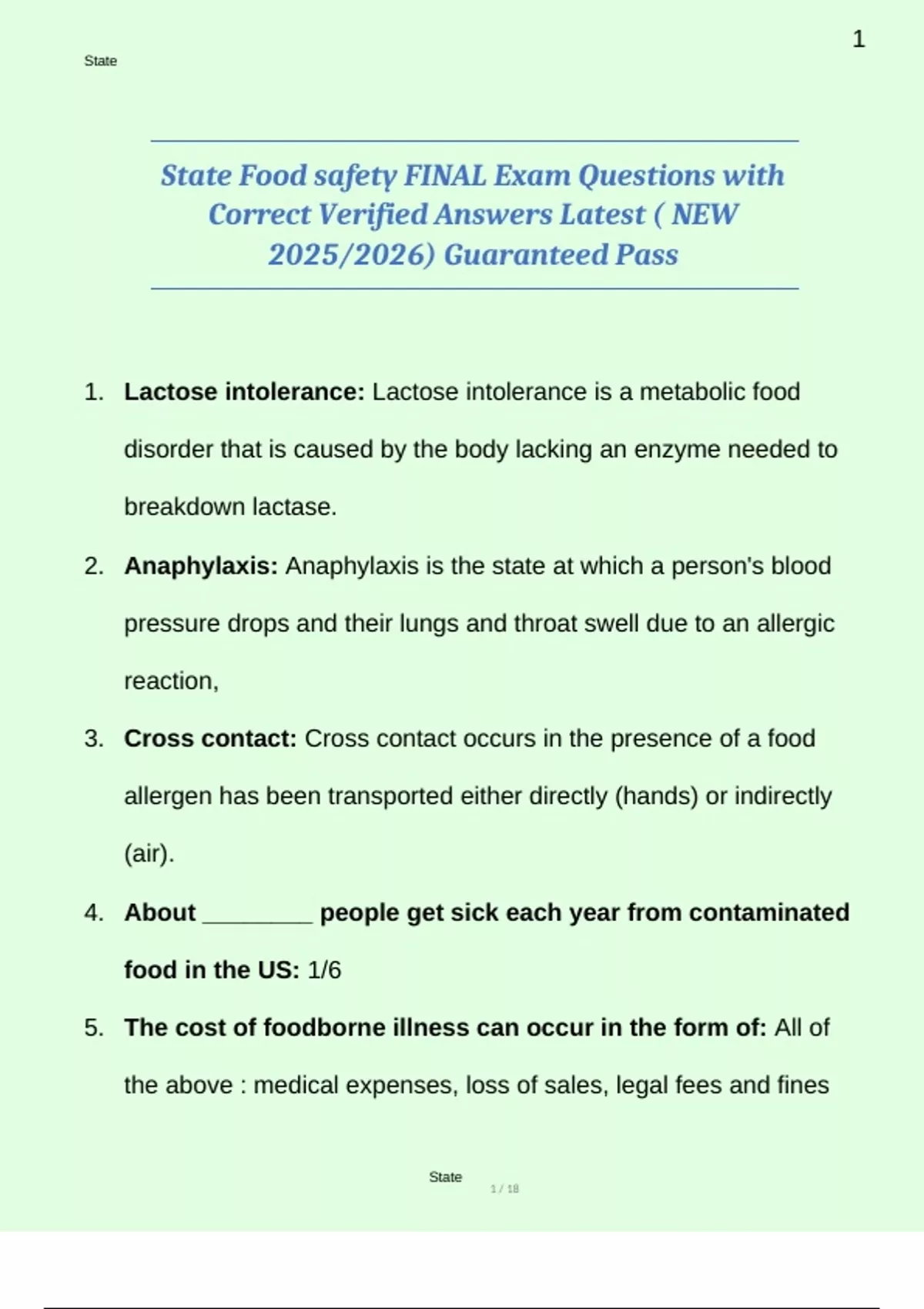 State Food safety FINAL Exam Questions with Correct Verified Answers ...