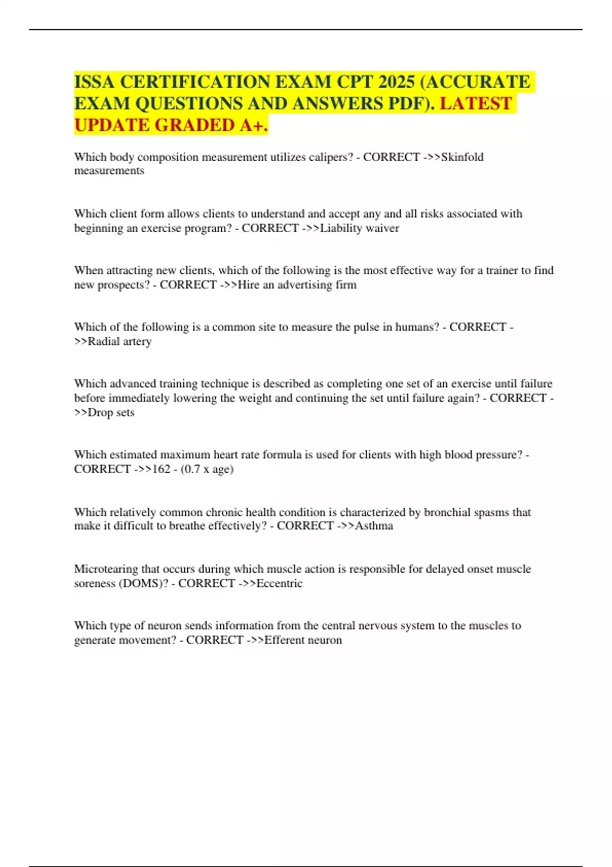 ISSA CERTIFICATION EXAM CPT 2025 (ACCURATE EXAM QUESTIONS AND ANSWERS ...