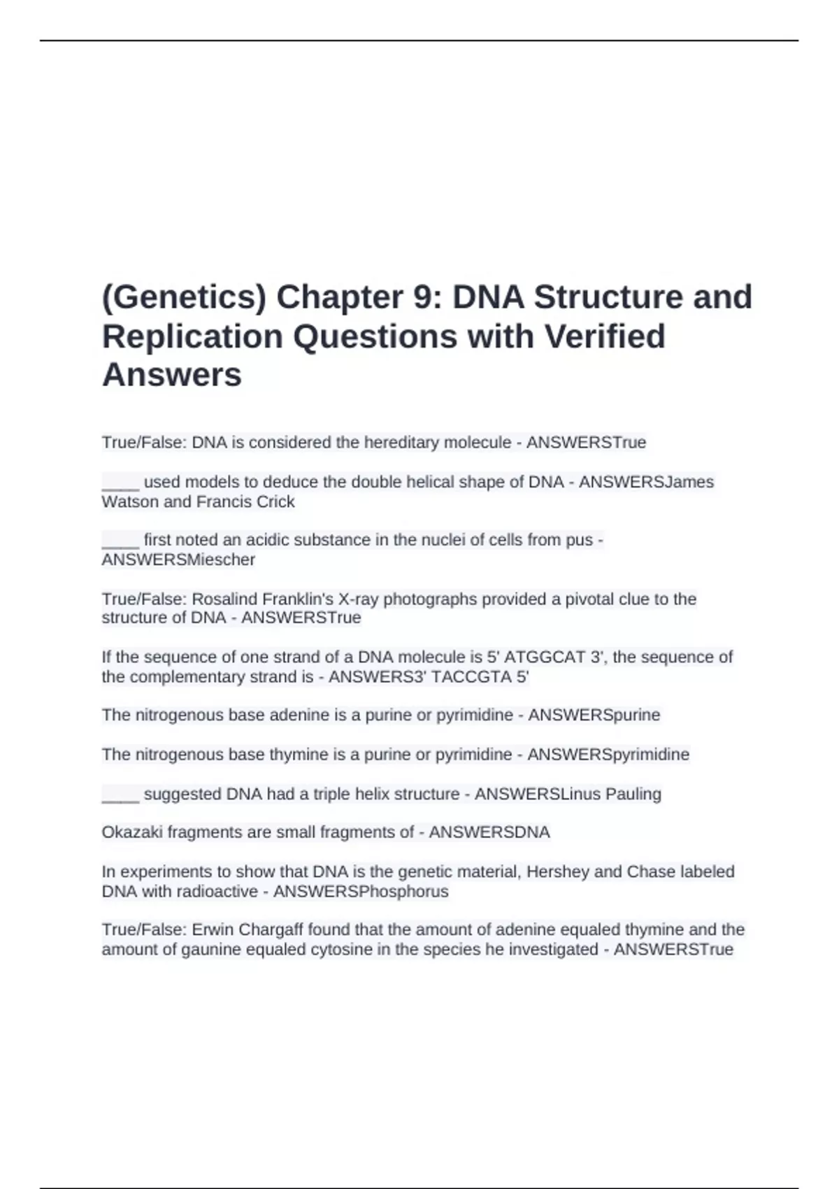 (Genetics) Chapter 9: DNA Structure and Replication Questions with ...