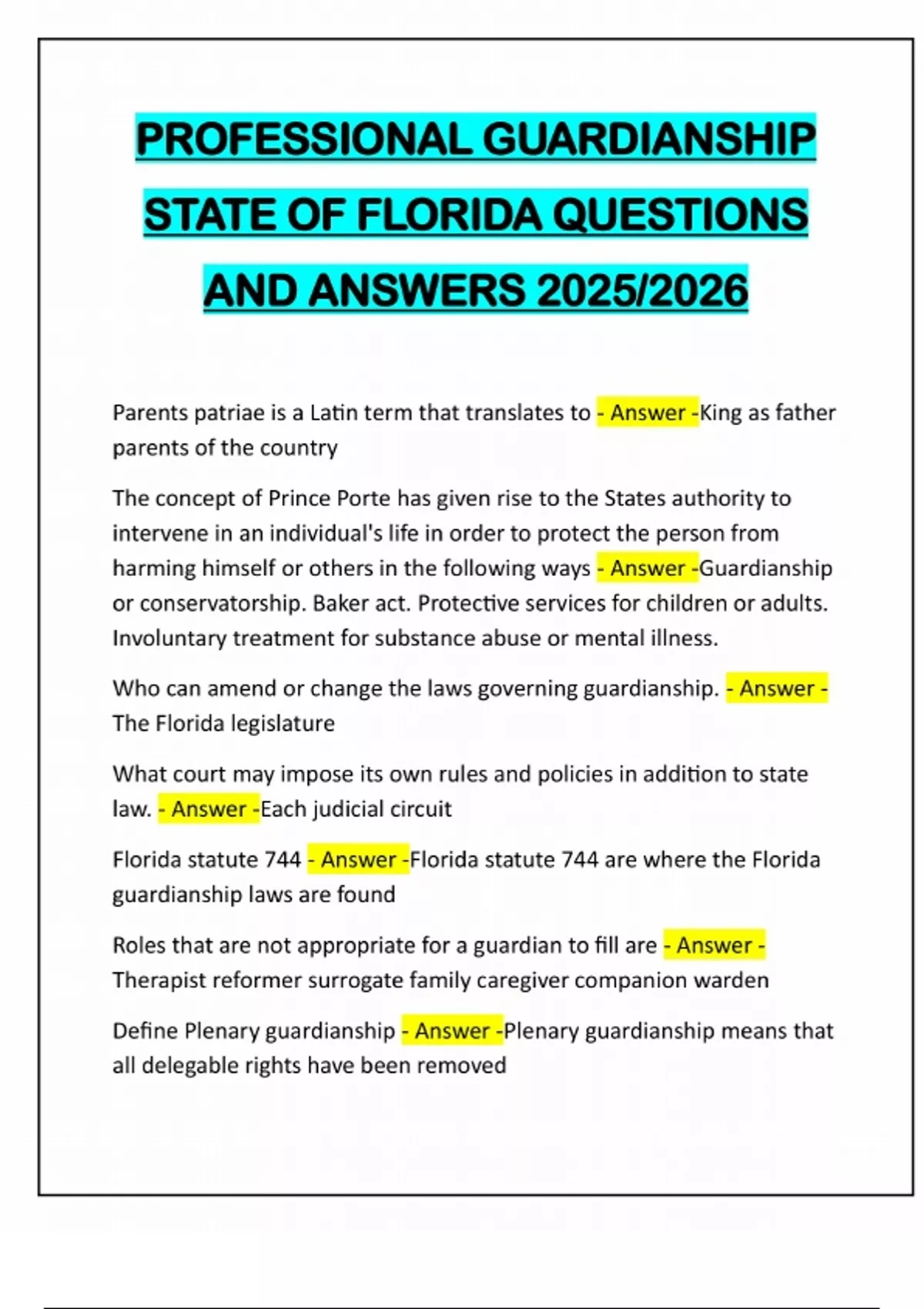 PROFESSIONAL GUARDIANSHIP STATE OF FLORIDA QUESTIONS AND ANSWERS 2025/ ...