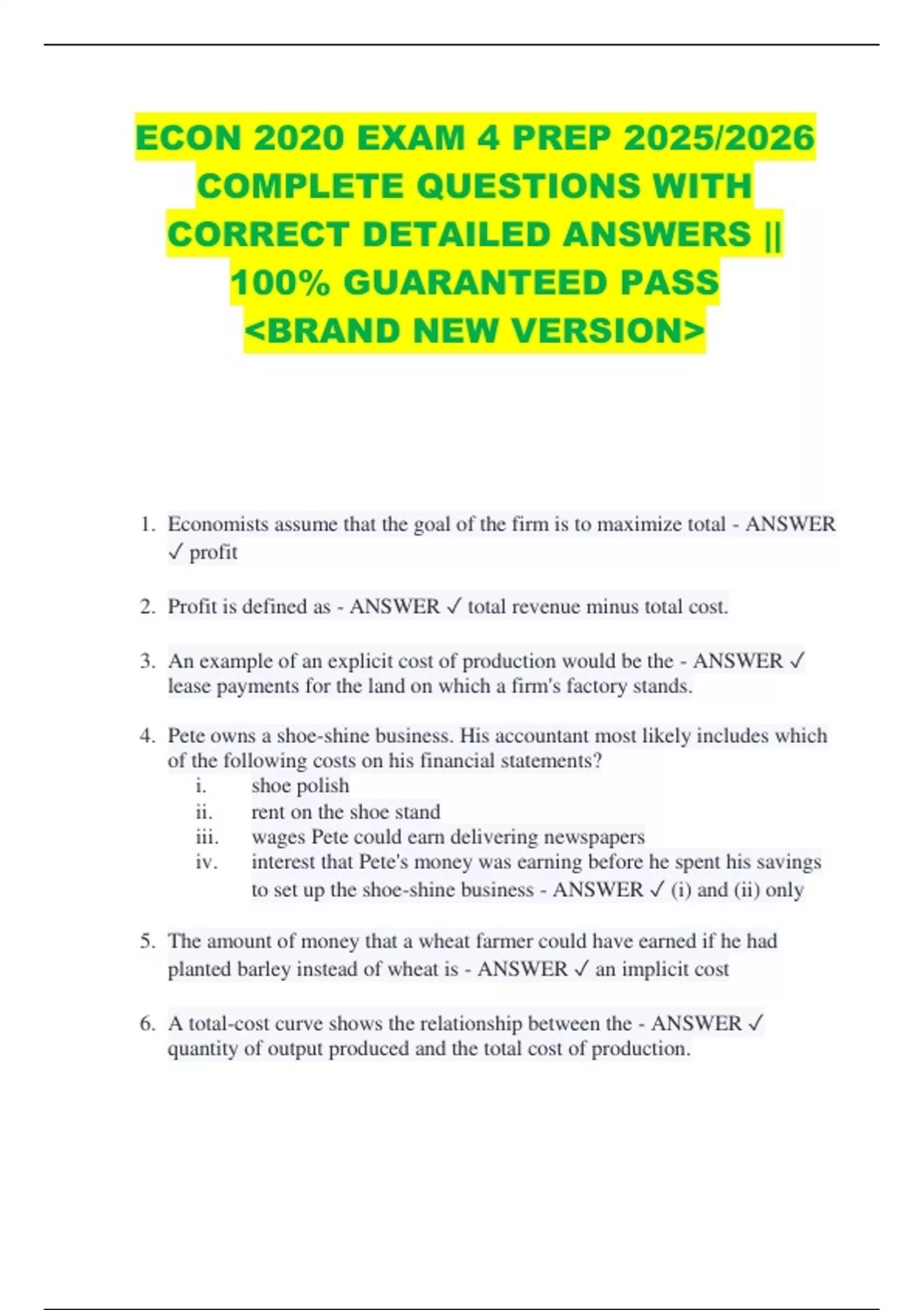 ECON 2020 EXAM 4 PREP 2025/2026 COMPLETE QUESTIONS WITH CORRECT ...