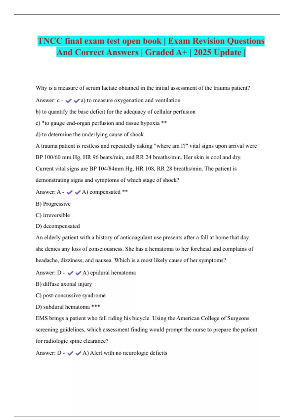 TNCC final exam test open book | Exam Revision Questions And Correct ...