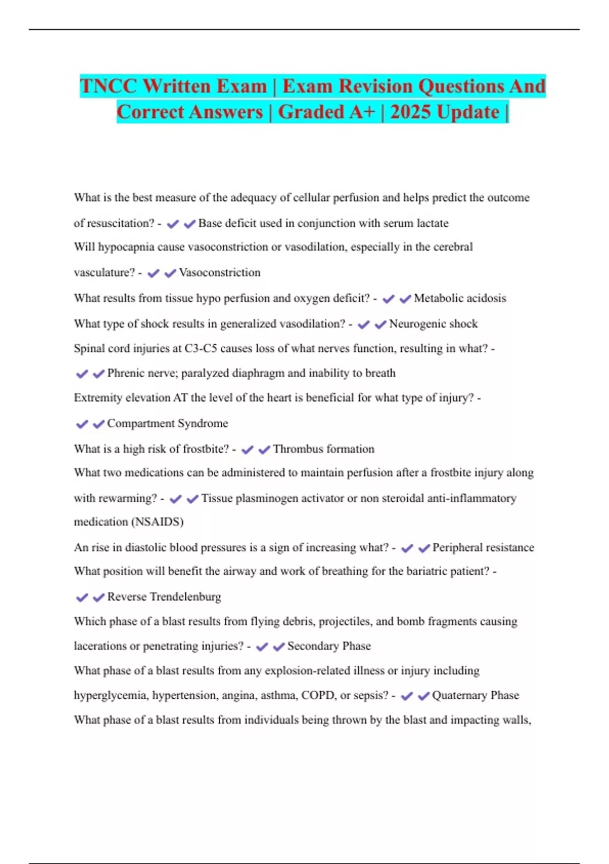 TNCC Written Exam | Exam Revision Questions And Correct Answers | Graded A+ | 2025 Update ...