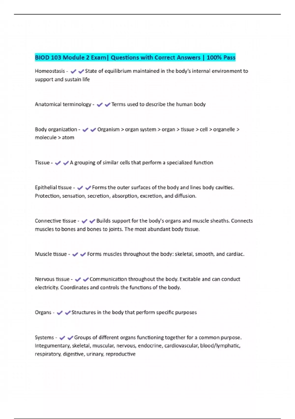 BIOD 103 Module 2 Exam| Questions with Correct Answers | 100% Pass - BIOD 103 - Stuvia US