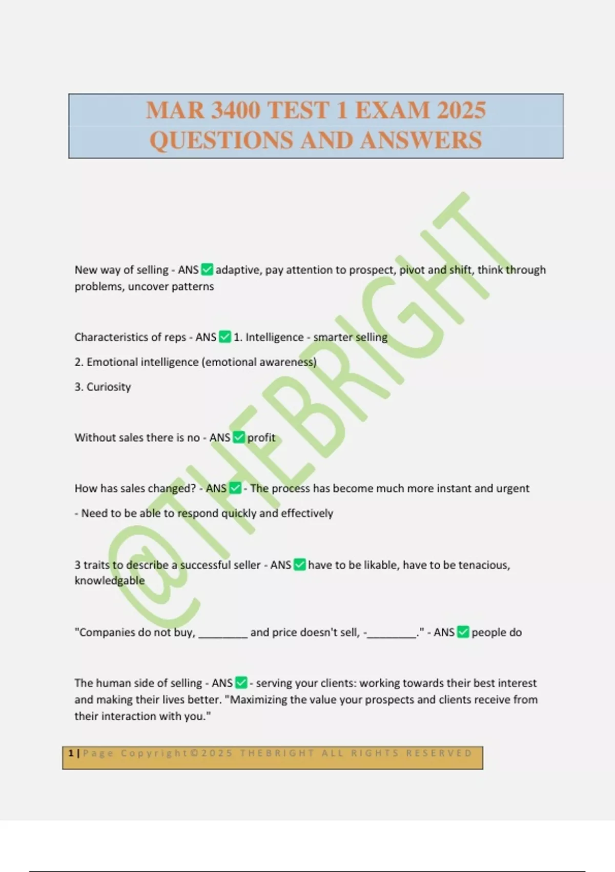 MAR 3400 TEST 1 EXAM 2025 QUESTIONS AND ANSWERS - MAR 3400 - Stuvia US