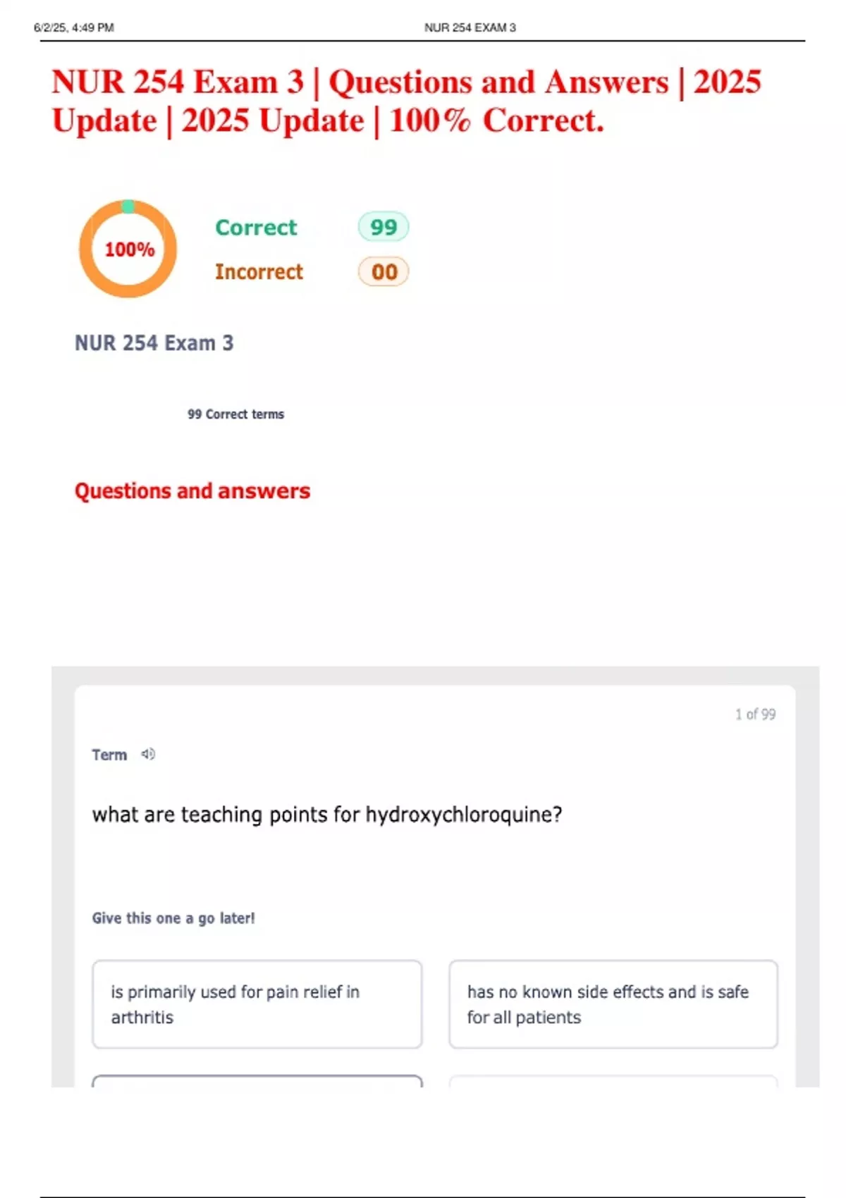 NUR 254 Exam 3 | Questions and Answers | 2025 Update | 2025 Update ...