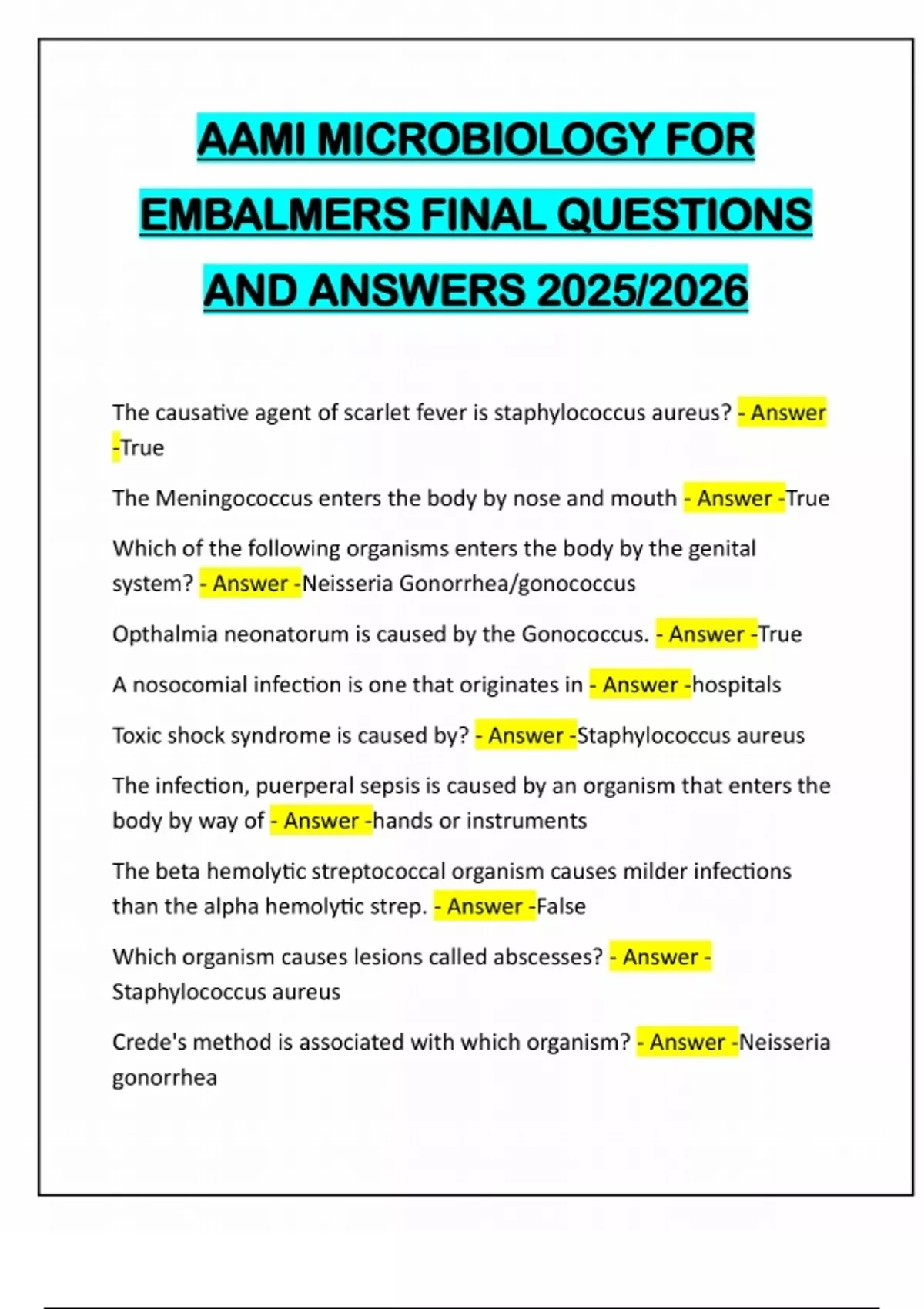 AAMI MICROBIOLOGY FOR EMBALMERS FINAL QUESTIONS AND ANSWERS 2025/2026 ...