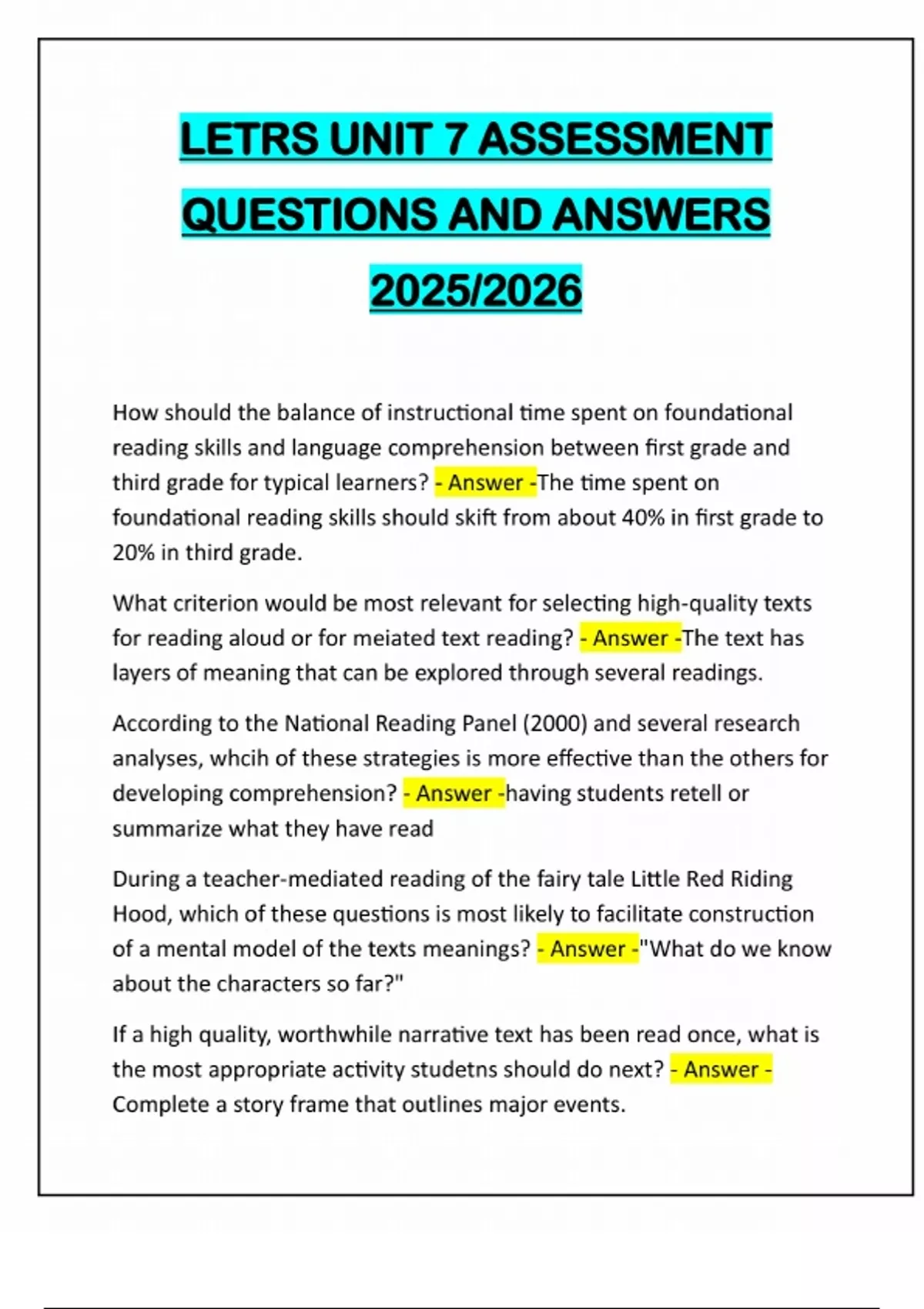 LETRS UNIT 7 ASSESSMENT QUESTIONS AND ANSWERS 2025/2026 - Letrs - Stuvia US