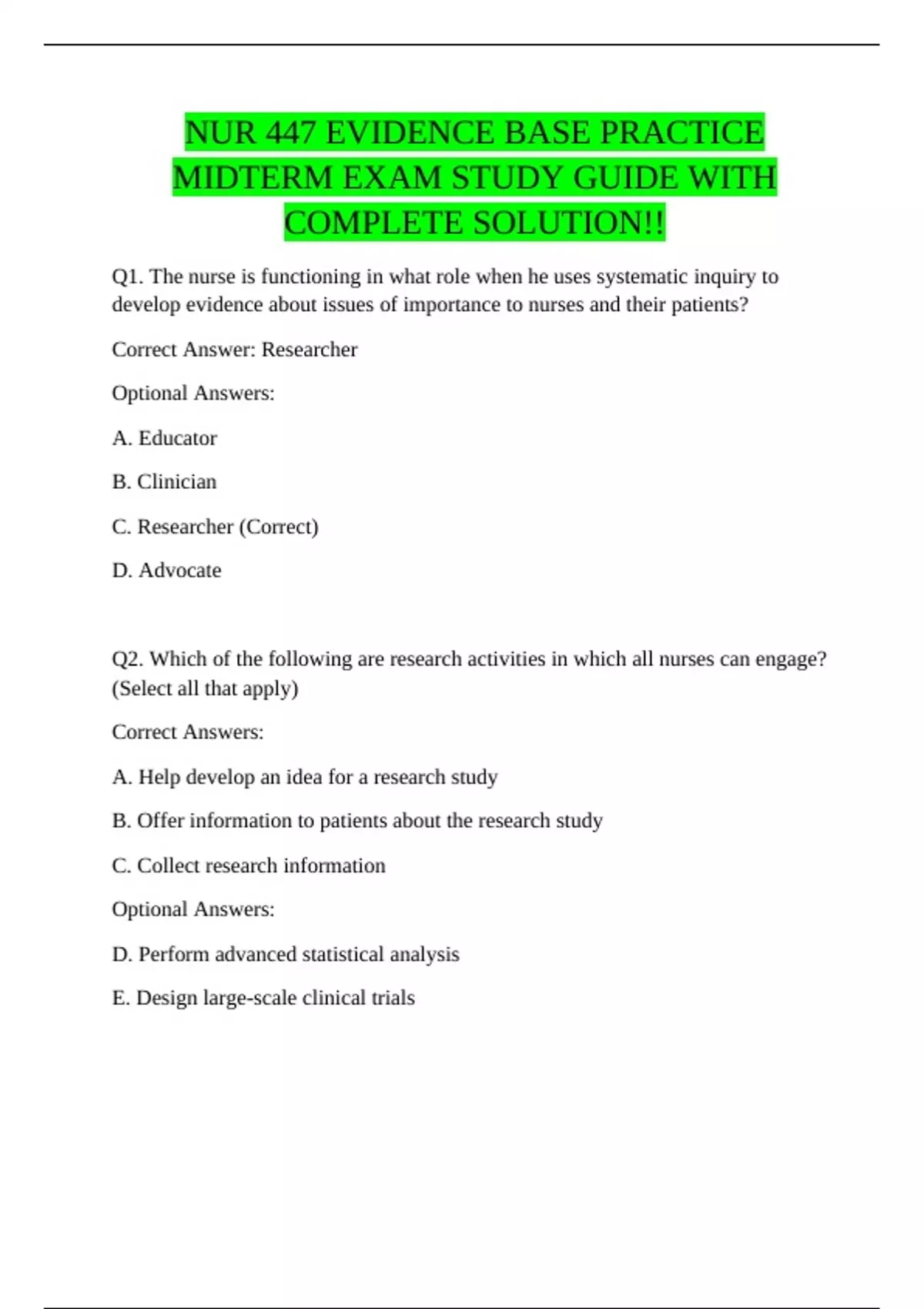 NUR 447 EVIDENCE BASE PRACTICE MIDTERM EXAM STUDY GUIDE WITH COMPLETE SOLUTION!! - NUR 447 ...