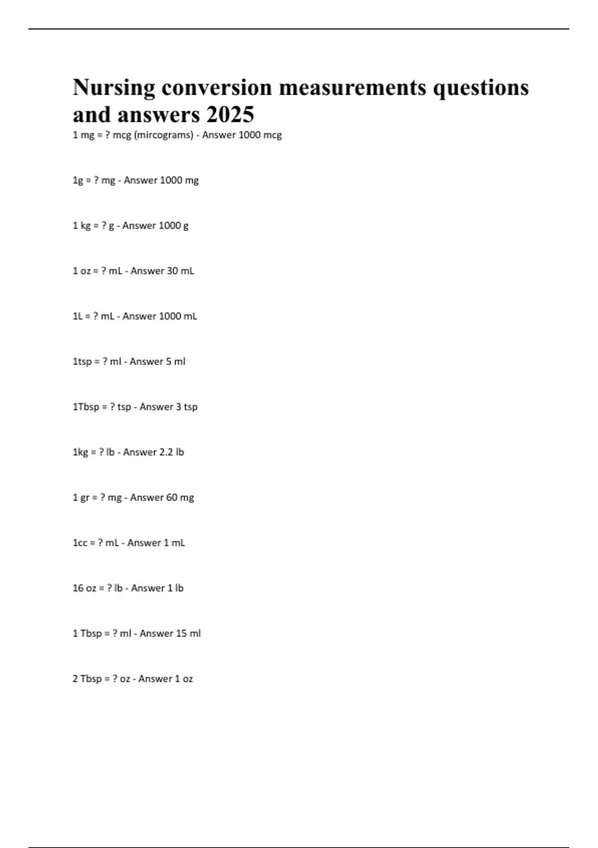 Nursing conversion measurements questions and answers 2025 - Nursing ...