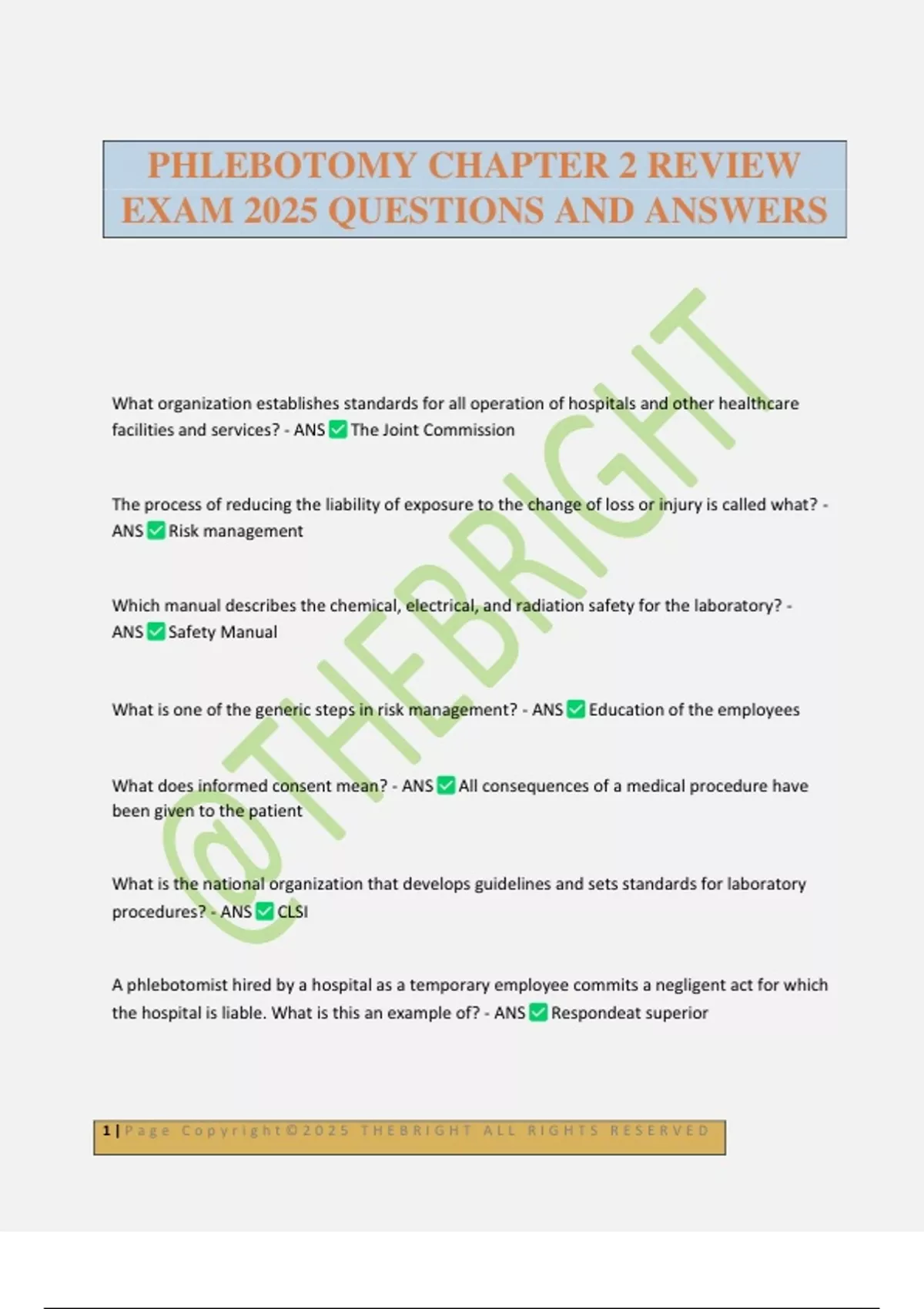PHLEBOTOMY CHAPTER 2 REVIEW EXAM 2025 QUESTIONS AND ANSWERS ...
