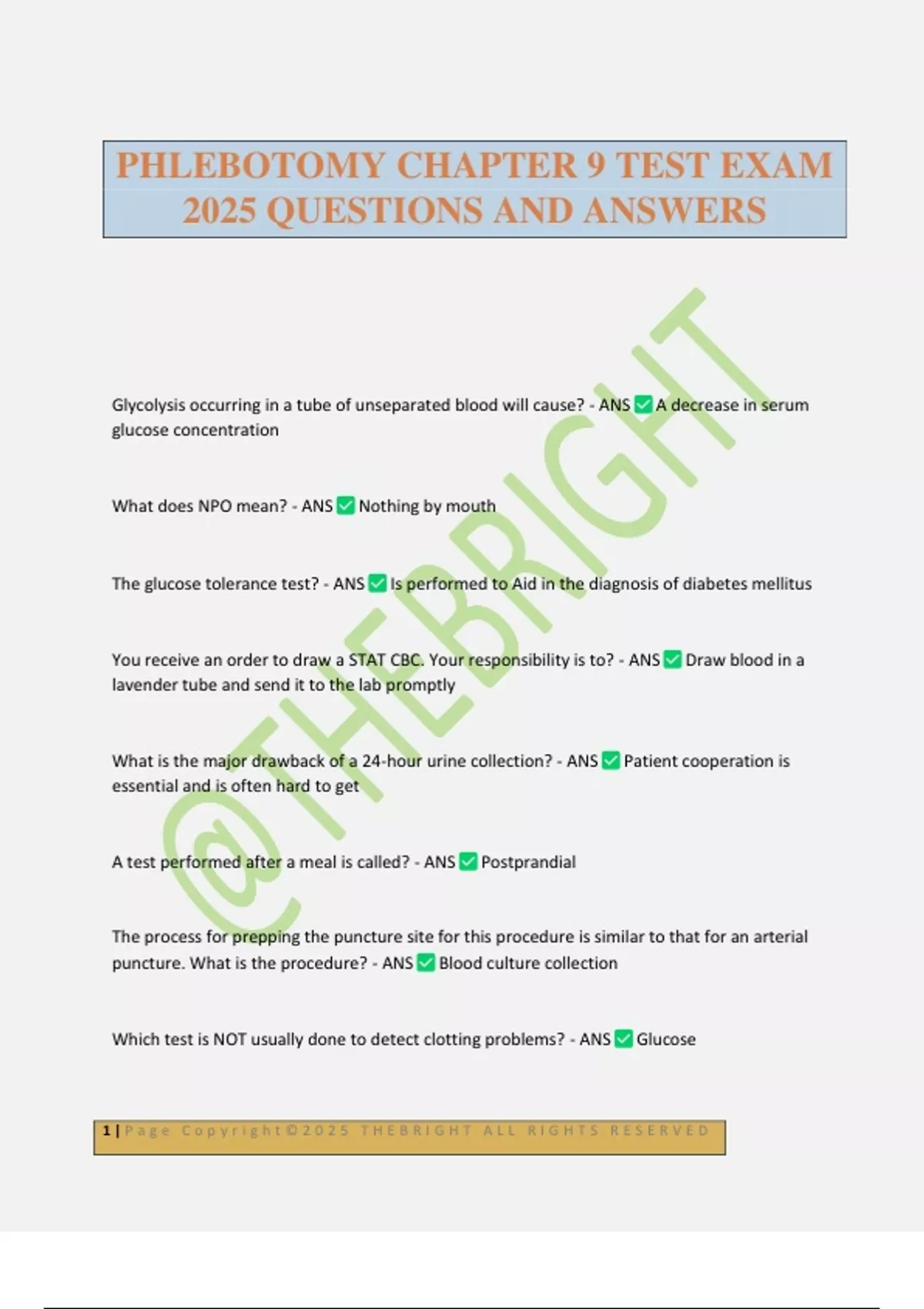 PHLEBOTOMY CHAPTER 9 TEST EXAM 2025 QUESTIONS AND ANSWERS - PHLEBOTOMY ...