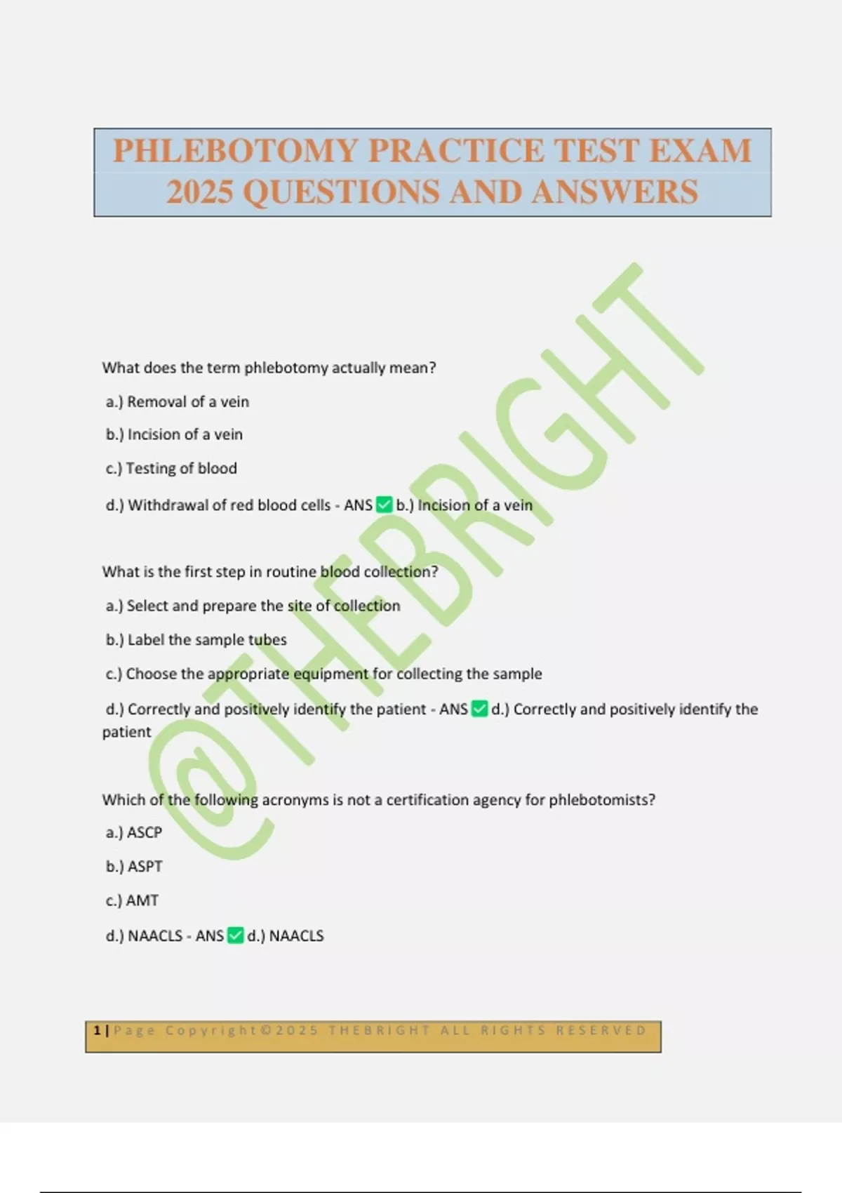 PHLEBOTOMY PRACTICE TEST EXAM 2025 QUESTIONS AND ANSWERS - PHLEBOTOMY ...