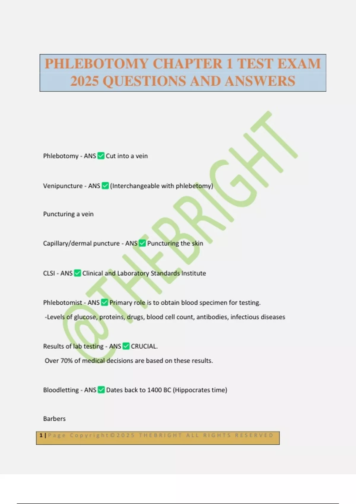 PHLEBOTOMY CHAPTER 1 TEST EXAM 2025 QUESTIONS AND ANSWERS - PHLEBOTOMY ...