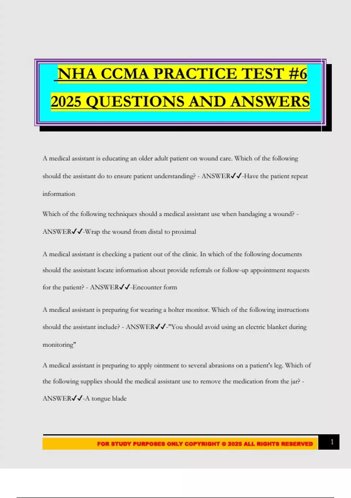 NHA CCMA PRACTICE TEST #6 2025 QUESTIONS AND ANSWERS - NHA - Stuvia NL