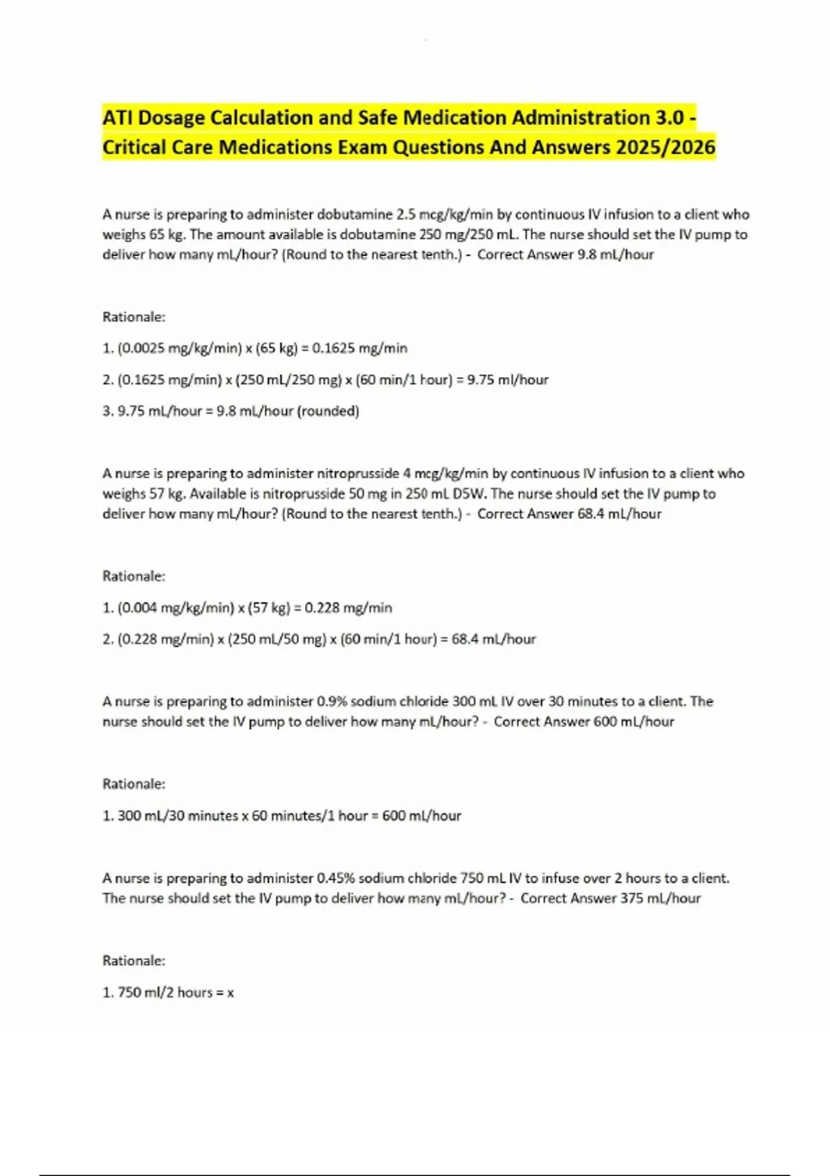 ATI Dosage Calculation and Safe Medication Administration 3.0 ...