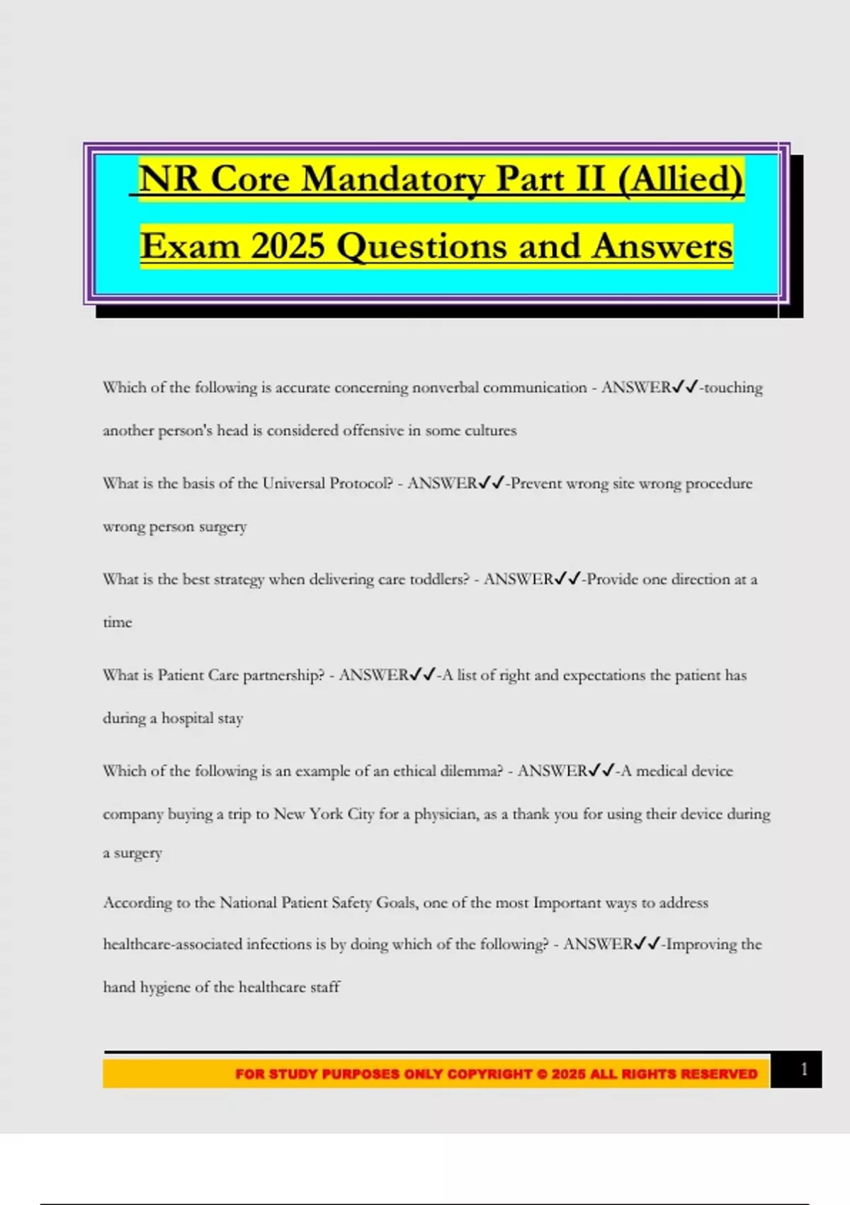 NR Core Mandatory Part II (Allied) Exam 2025 Questions and Answers - NR ...