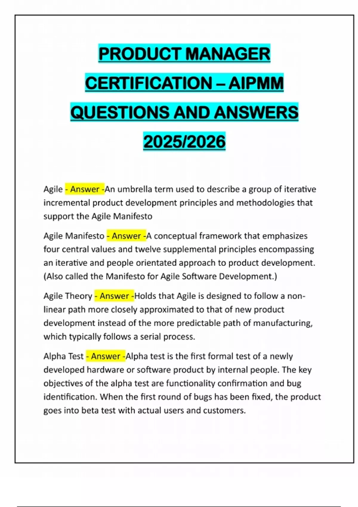 PRODUCT MANAGER CERTIFICATION – AIPMM QUESTIONS AND ANSWERS 2025/2026 ...