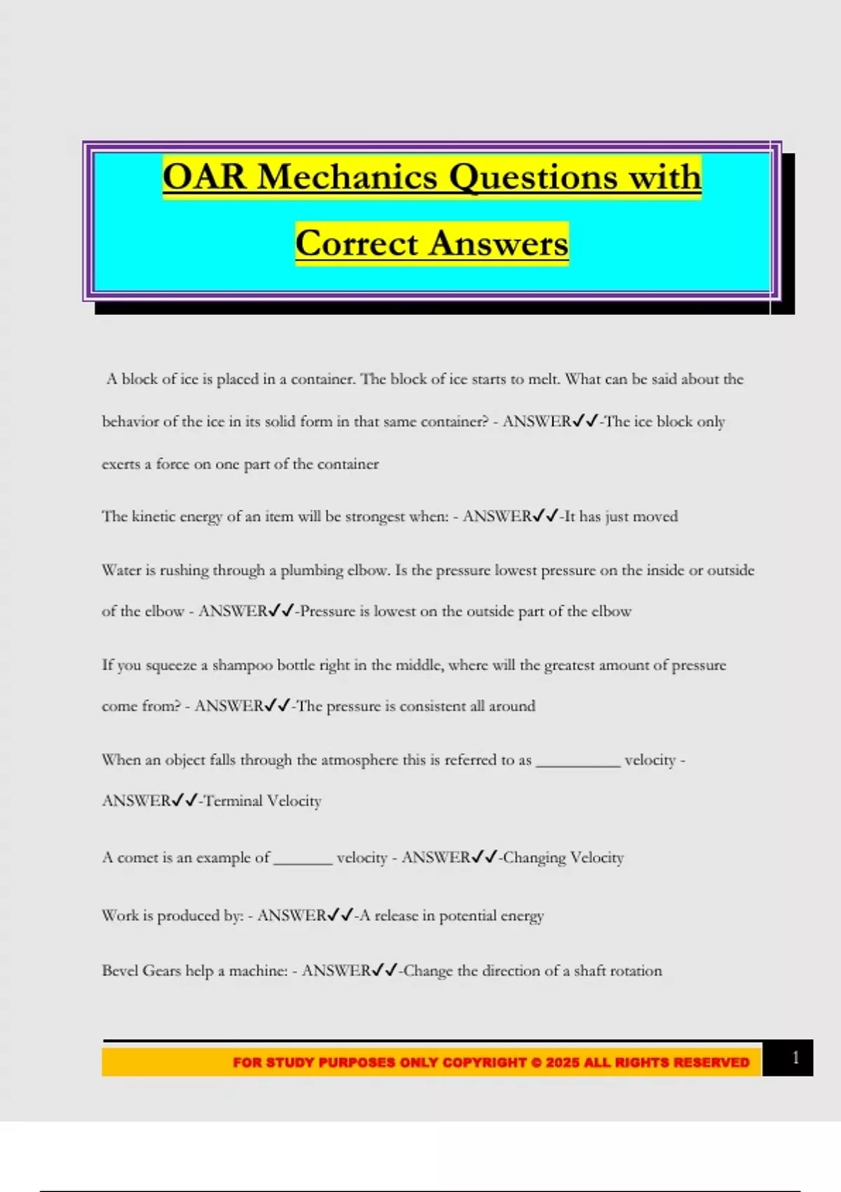 OAR Mechanics Questions with Correct Answers - OAR - Stuvia US