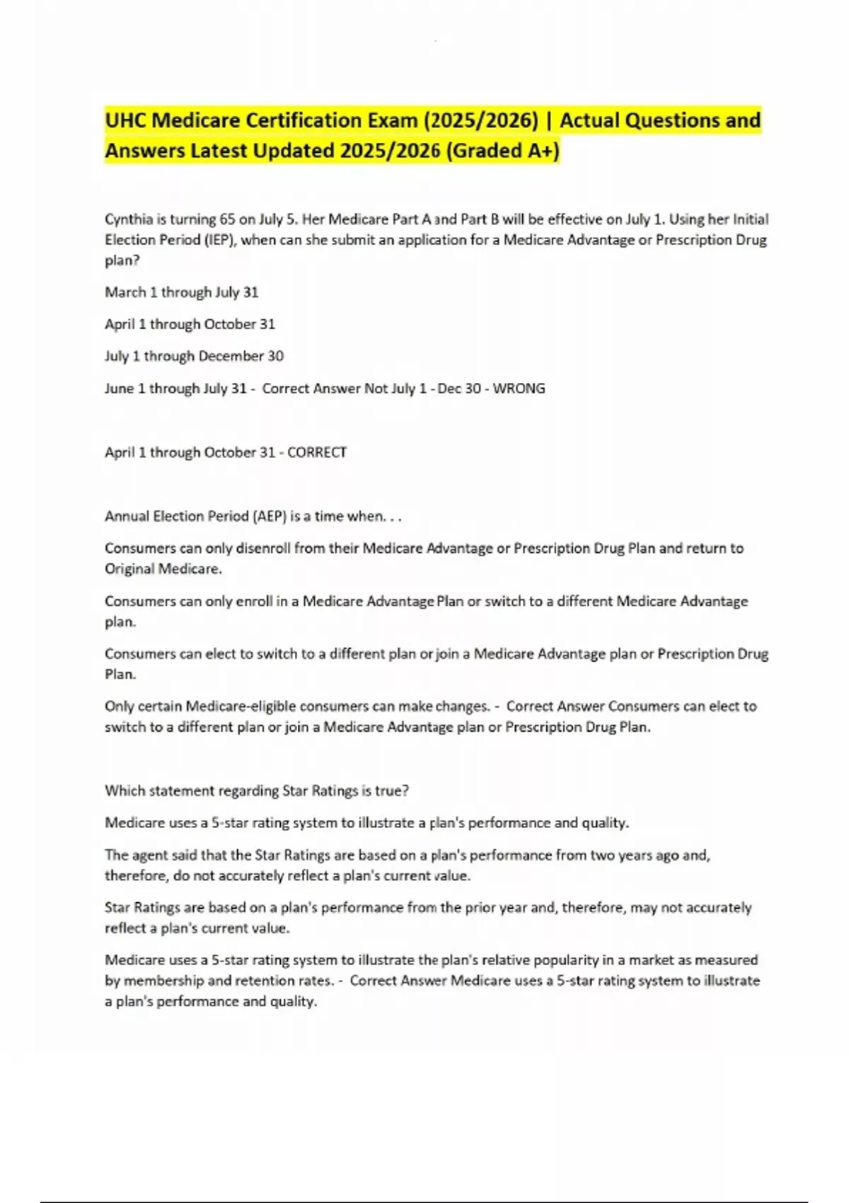 UHC Medicare Certification Exam (2025/2026) | Actual Questions and ...