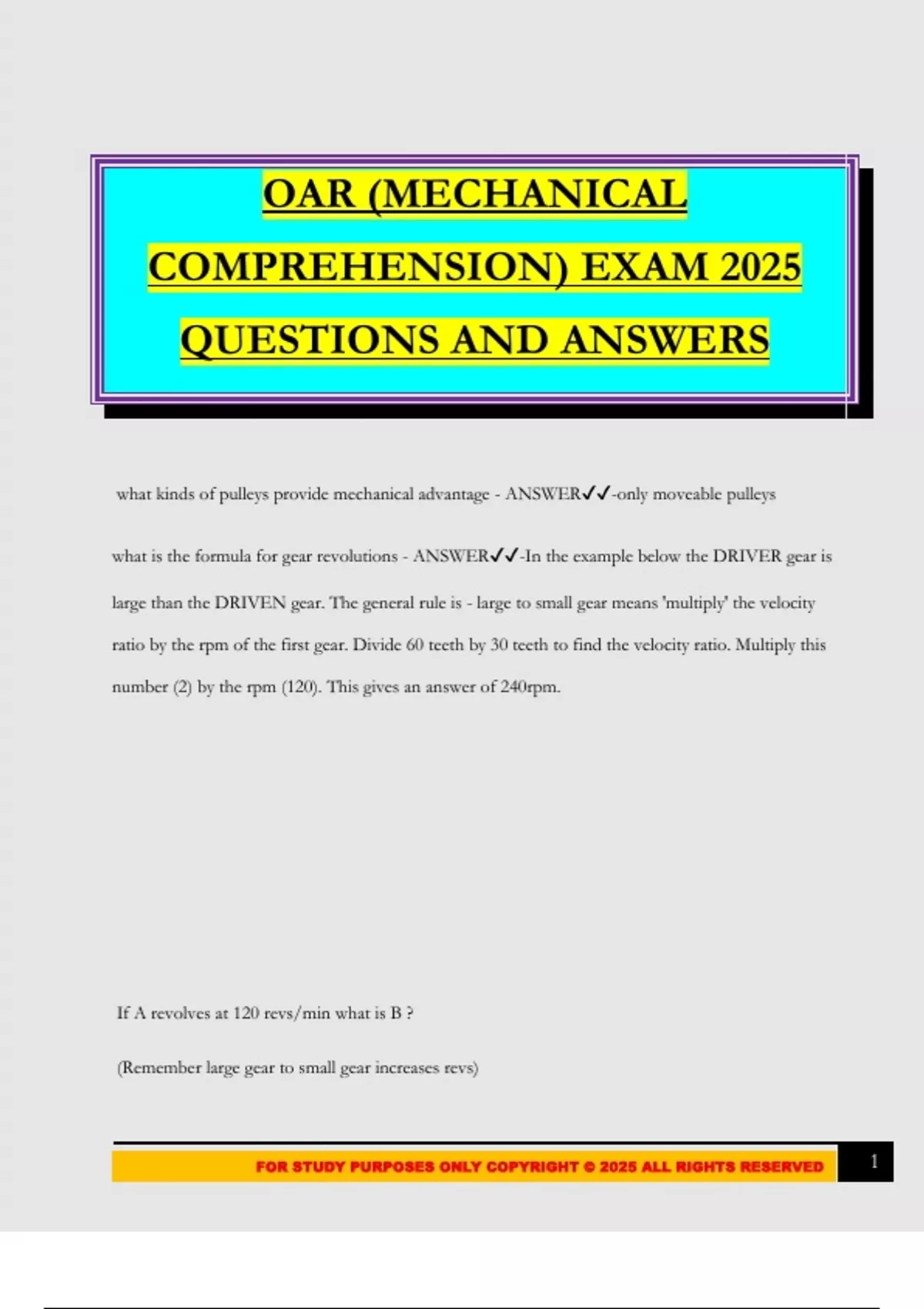 OAR (MECHANICAL COMPREHENSION) EXAM 2025 QUESTIONS AND ANSWERS - OAR ...