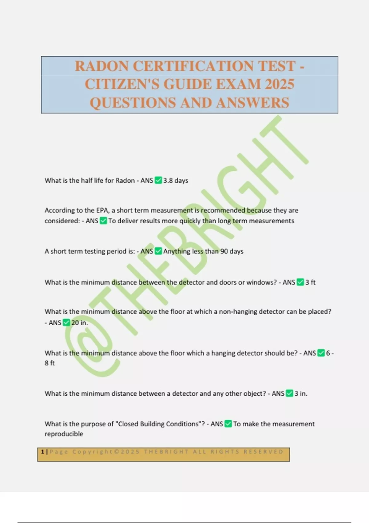 RADON CERTIFICATION TEST - CITIZEN'S GUIDE EXAM 2025 QUESTIONS AND ...