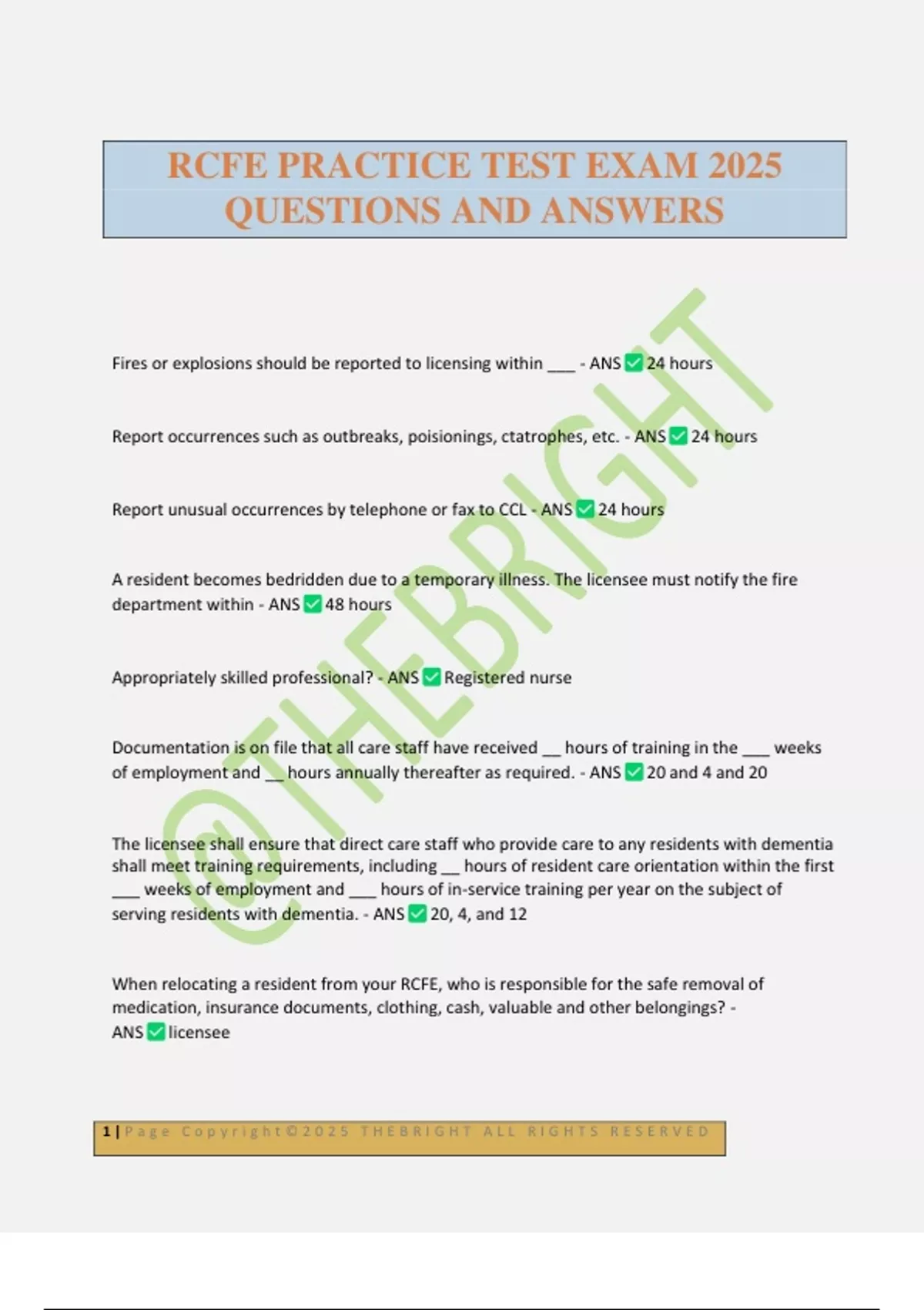RCFE PRACTICE TEST EXAM 2025 QUESTIONS AND ANSWERS - RCFE - Stuvia US