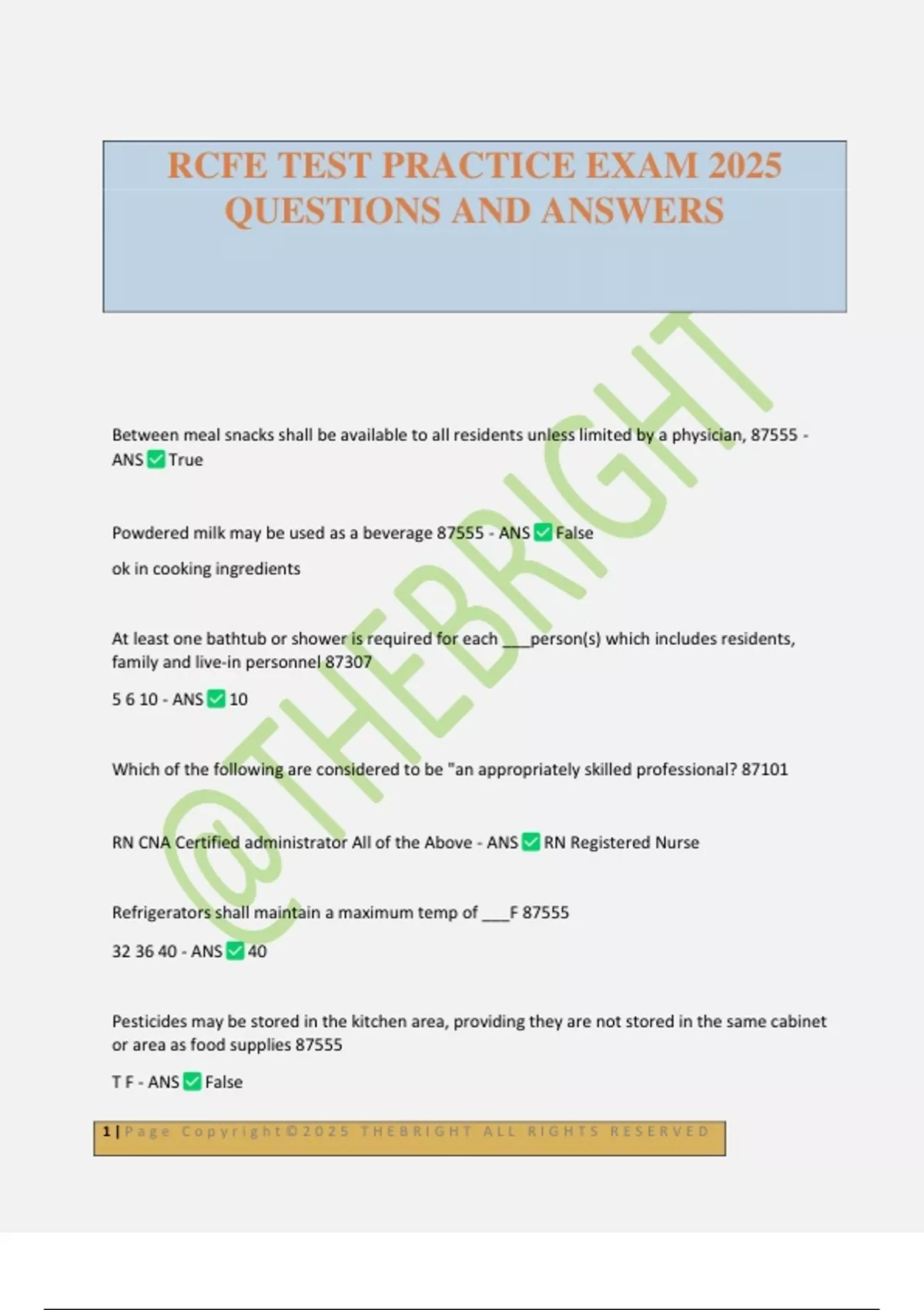 RCFE TEST PRACTICE EXAM 2025 QUESTIONS AND ANSWERS - RCFE - Stuvia US