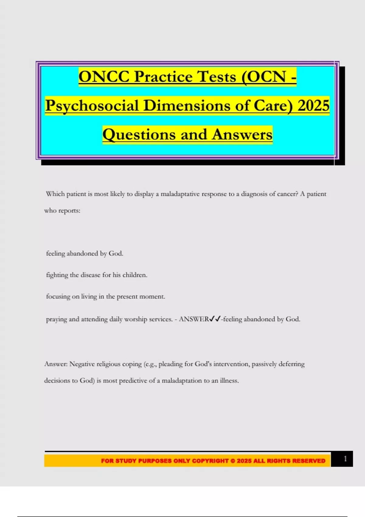 ONCC Practice Tests (OCN - Psychosocial Dimensions of Care) 2025 ...