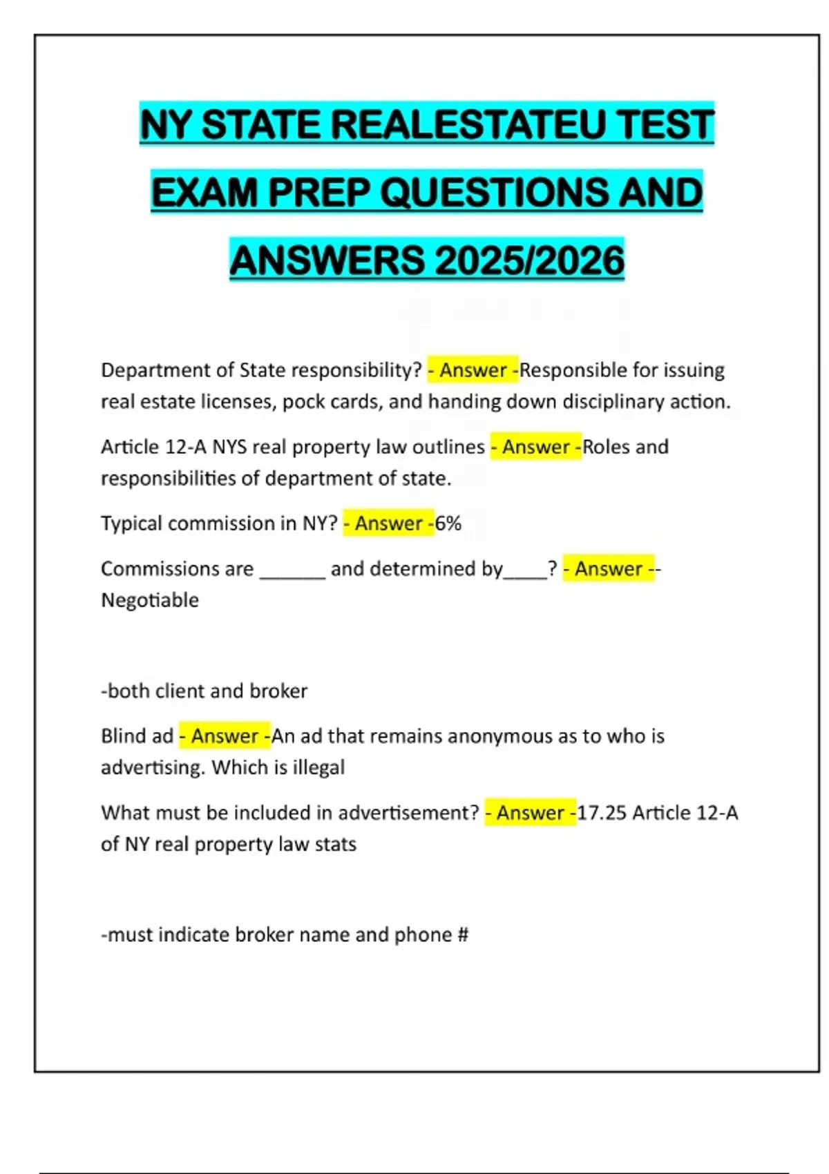 NY STATE REALESTATEU TEST EXAM PREP QUESTIONS AND ANSWERS 2025/2026 ...
