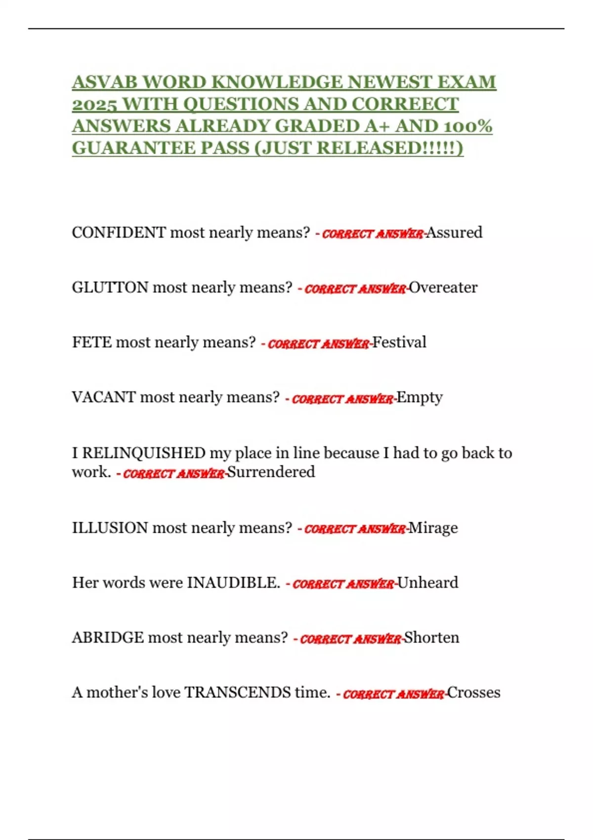 ASVAB WORD KNOWLEDGE NEWEST EXAM 2025 WITH QUESTIONS AND CORREECT ...