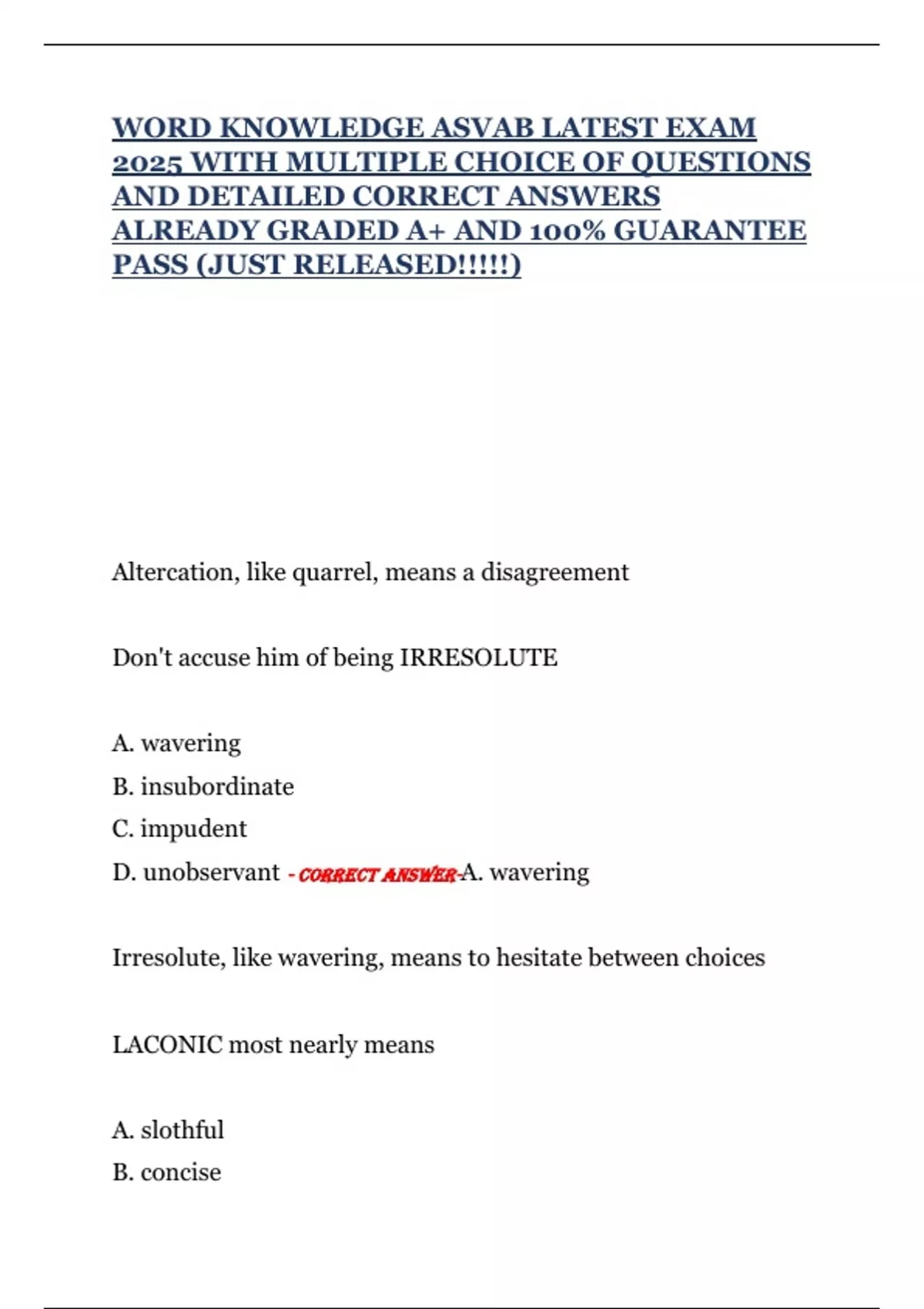 WORD KNOWLEDGE ASVAB LATEST EXAM 2025 WITH MULTIPLE CHOICE OF QUESTIONS ...