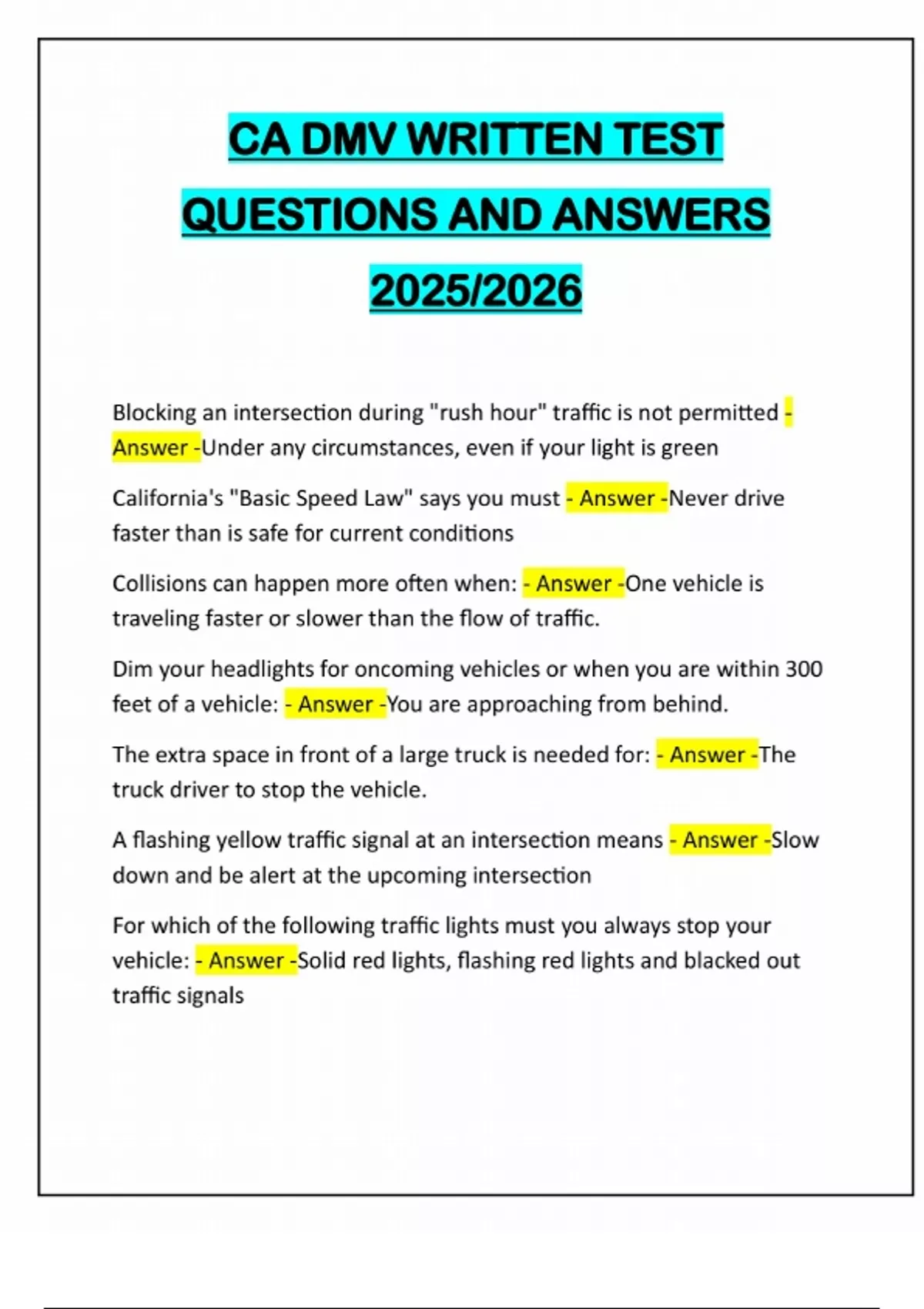 CA DMV WRITTEN TEST QUESTIONS AND ANSWERS 2025/2026 - Dmv - Stuvia US